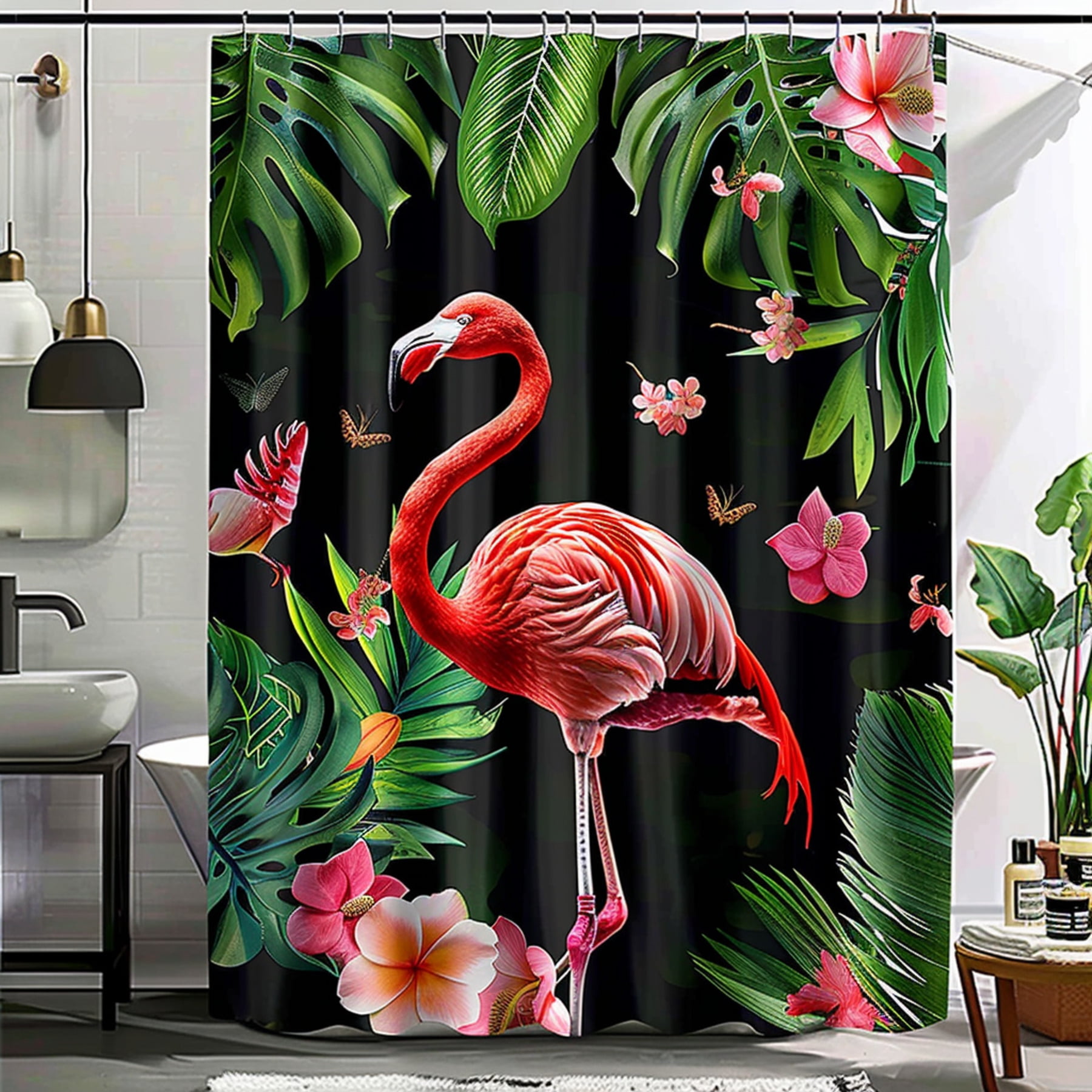 Exquisite Photorealistic Flamingo And Tropical Leaves Shower Curtain
