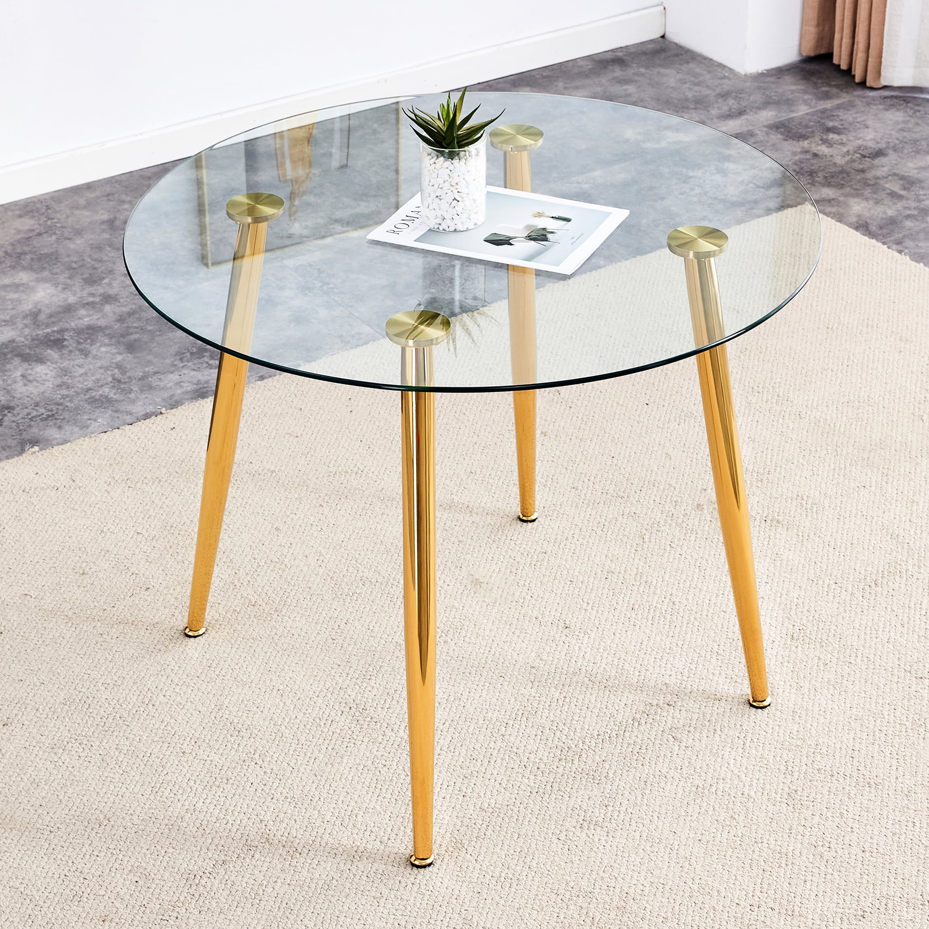 Exquisite Round Table With Glass Top And Golden Metal Base, Home Beauty ...