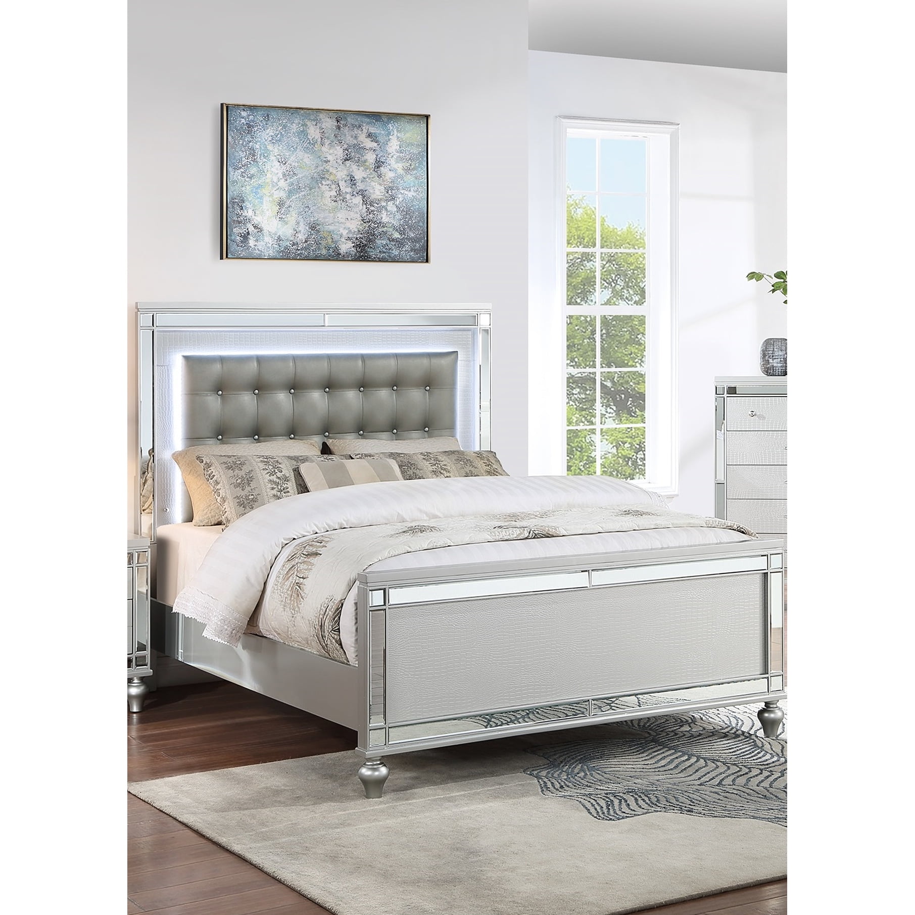 Exquisite Silver Queen Bed With Faux Leather And Led Lights Attractive ...