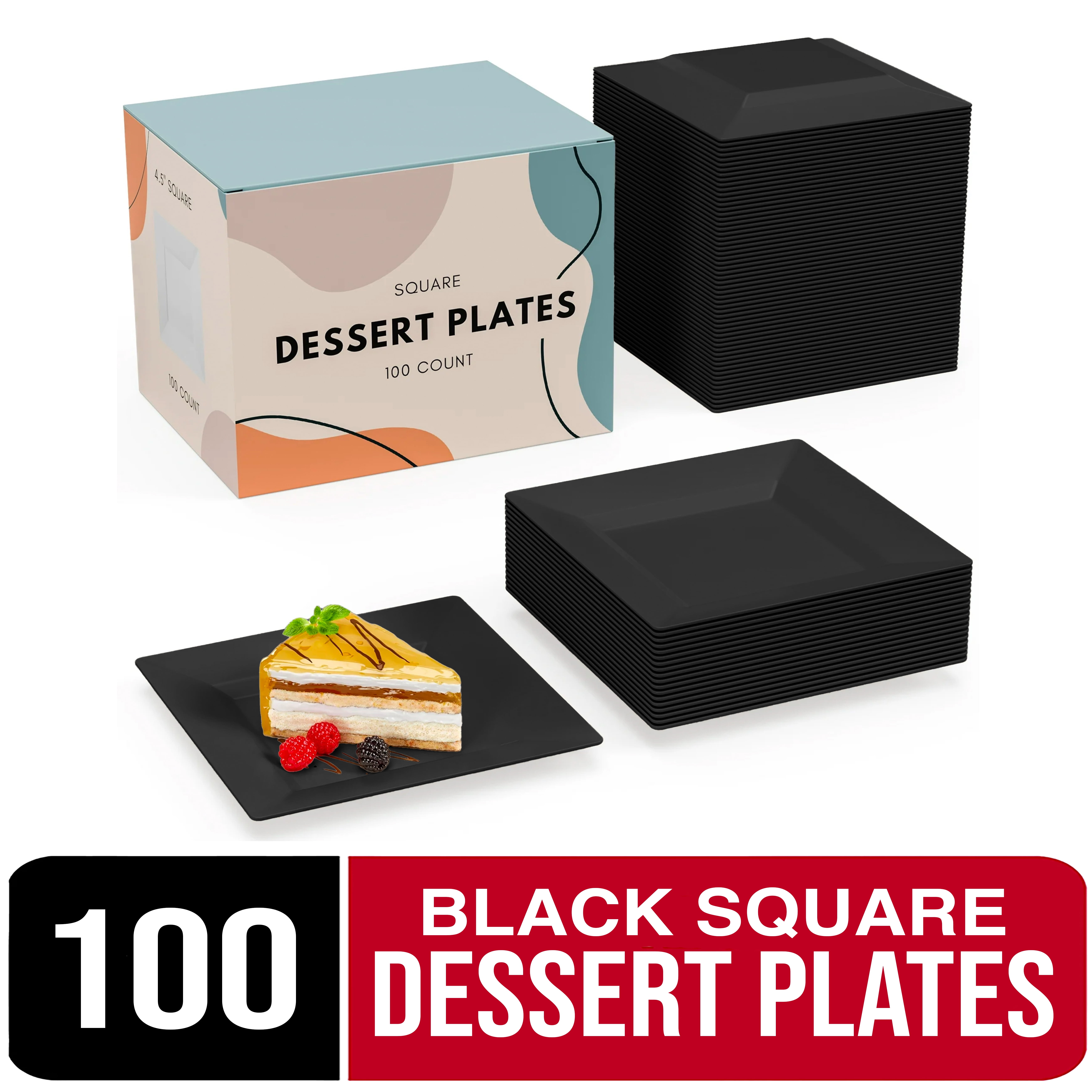 Exquisite 4.5" Black Square Mini Dessert Plates, 100 Disposable Plastic ...