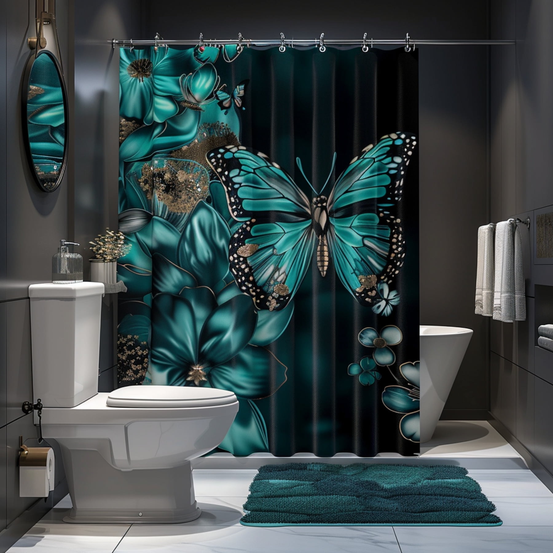 Exquisite Turquoise Butterfly Bathroom Set: Luxe Velvet Curtain Hyper ...