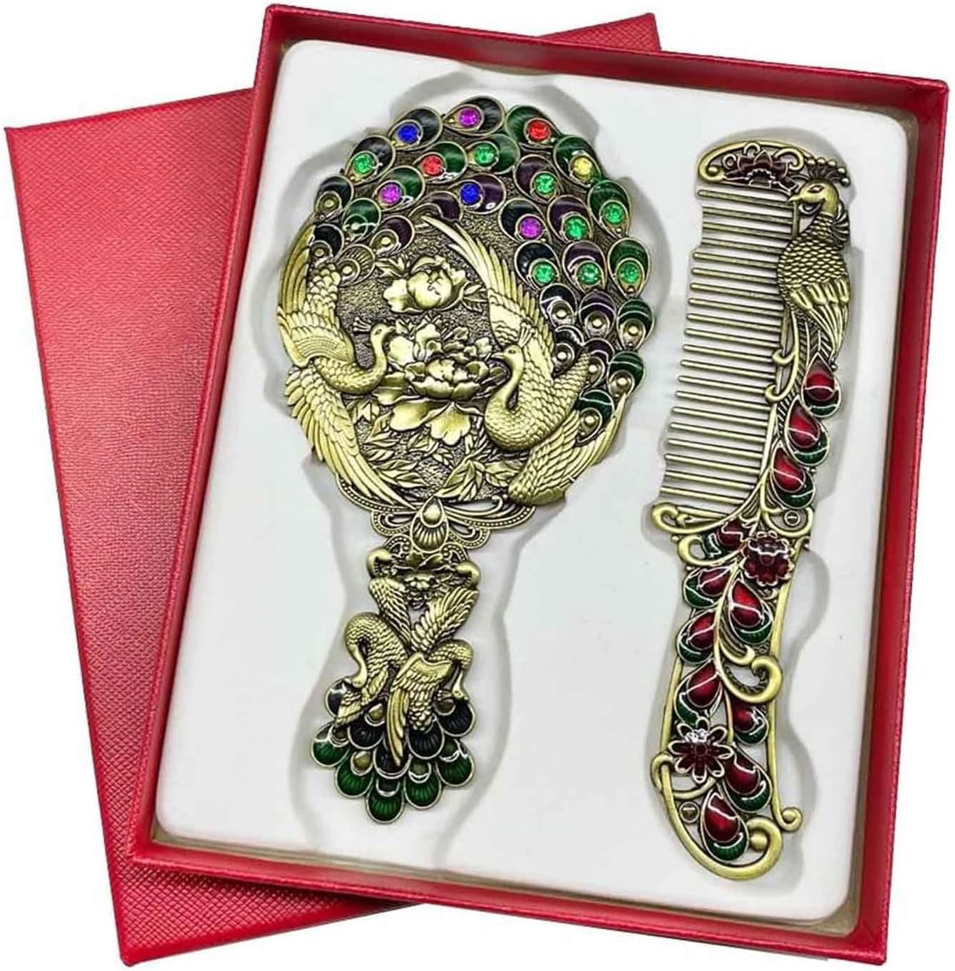 Exquisite Vintage Peacock and Rhinestone Comb and Mirror Set, Vintage ...