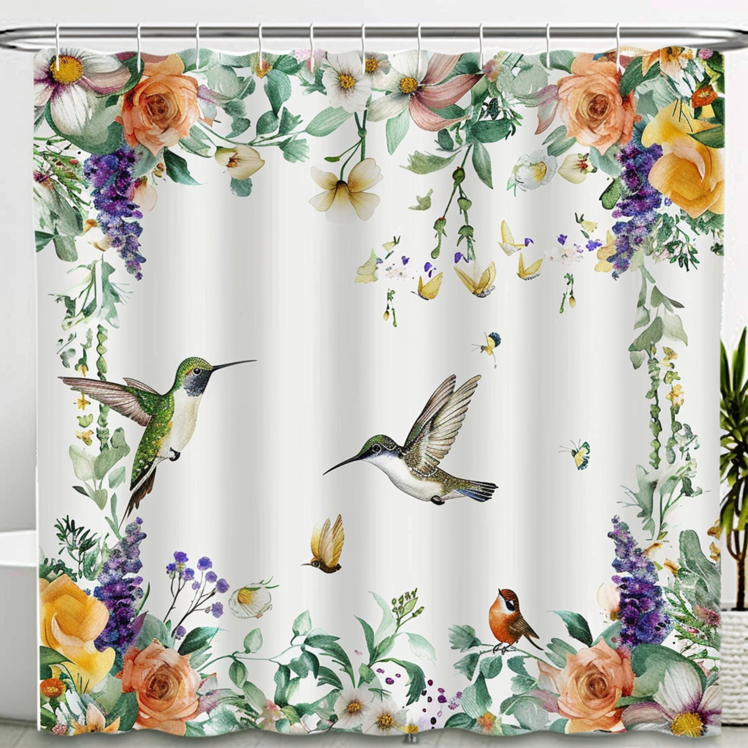 Exquisite Watercolor Hummingbird And Floral Border Shower Curtain Vibrant