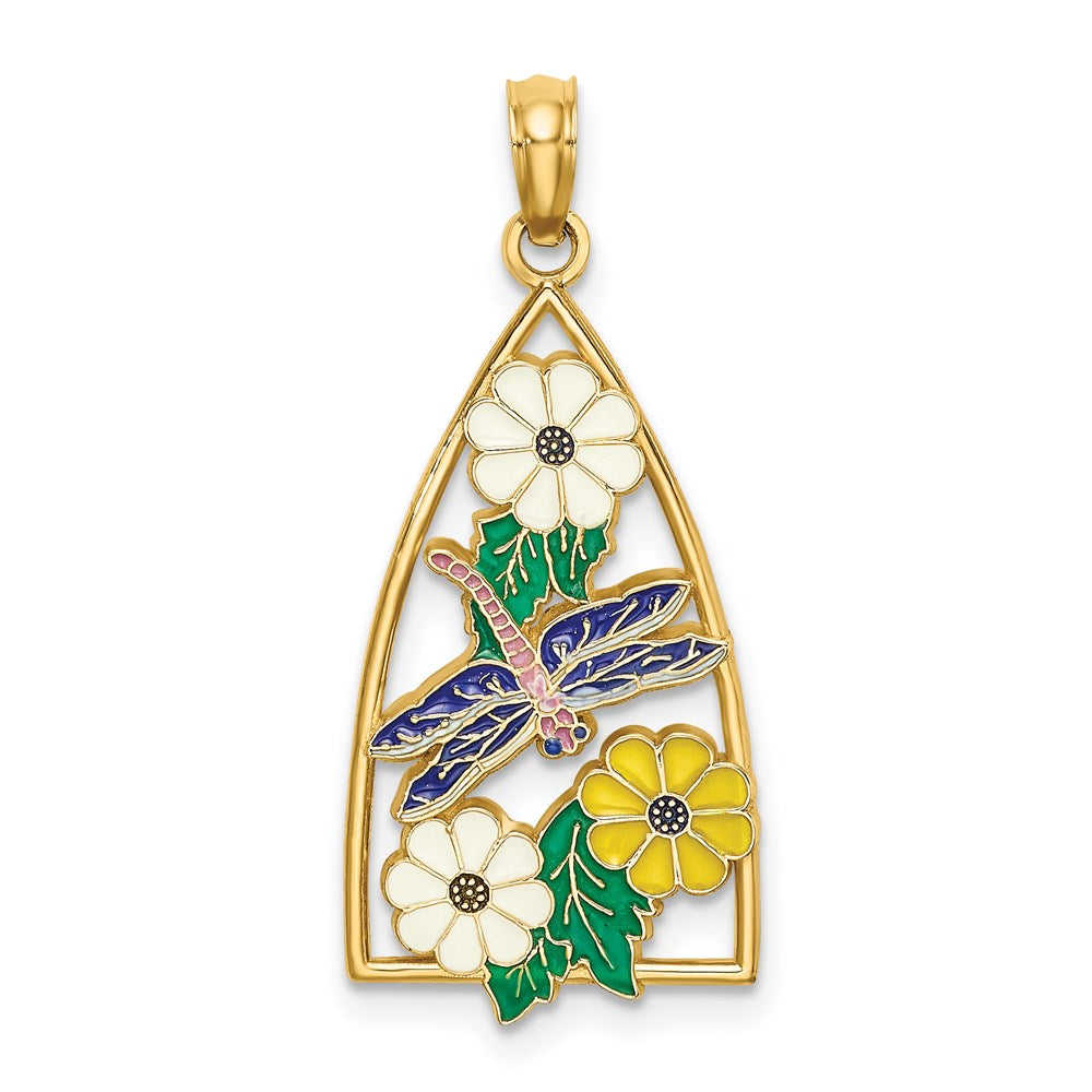 Extel Large 14k Gold Enamel DRAGONFLY & FLOWERS IN TRIANGLE Charm, Made ...