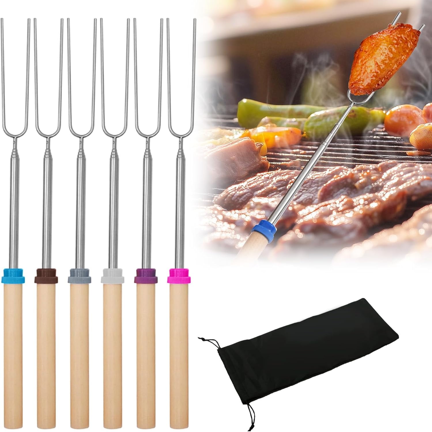 Extendable Barbecue Forks, Telescoping Smores Sticks for Open Fire Pit, Campfire Cooking ...
