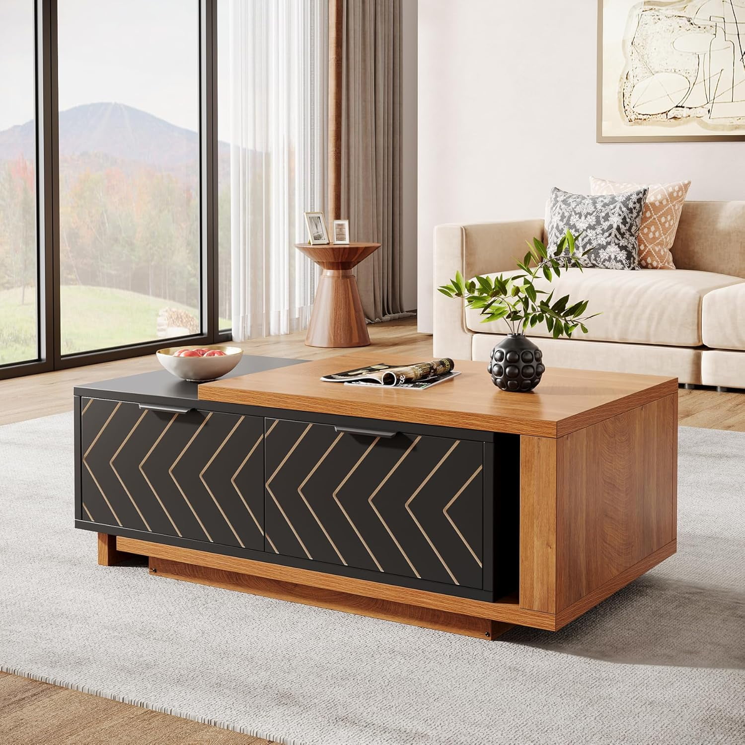Extendable Coffee Table with 2 Storage Drawers, Dual-Tone Center Table ...