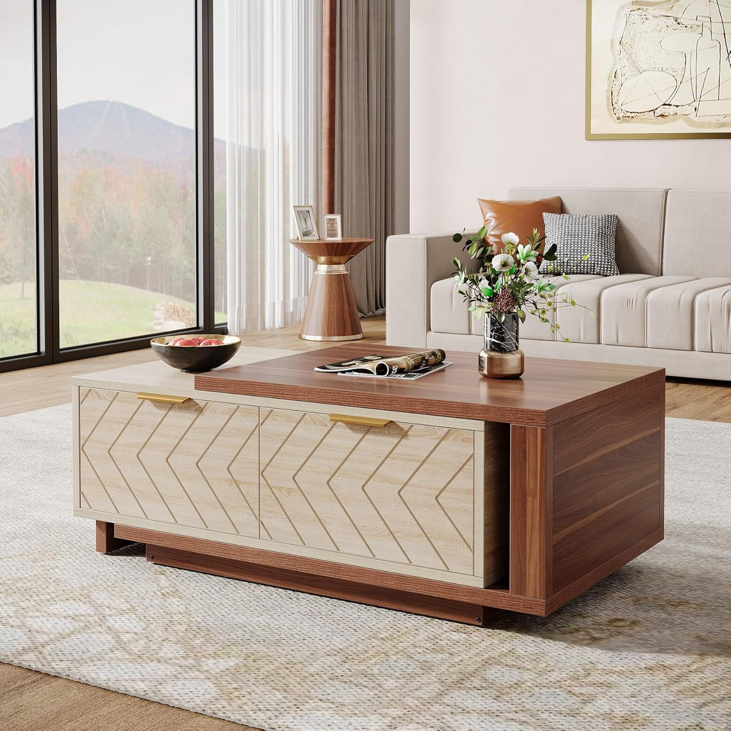 Extendable Coffee Table with 2 Storage Drawers, Dual-Tone Center Table ...