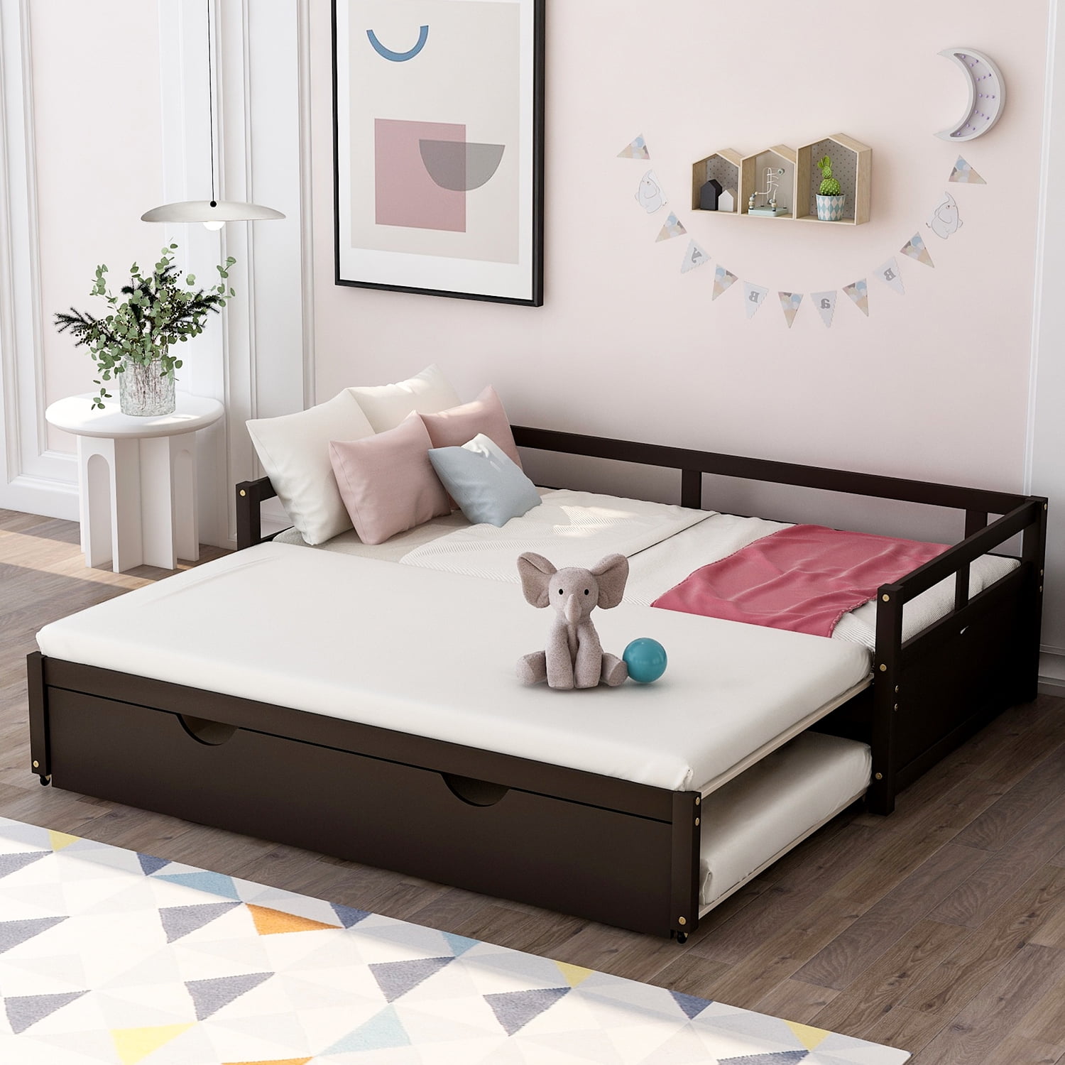 Extendable Daybed Twin to King Wood Daybed with Pull Out Trundle and 2 Drawers Wood Extending Daybed Frame Multifunctional Sofa Bed for Bedroom Living