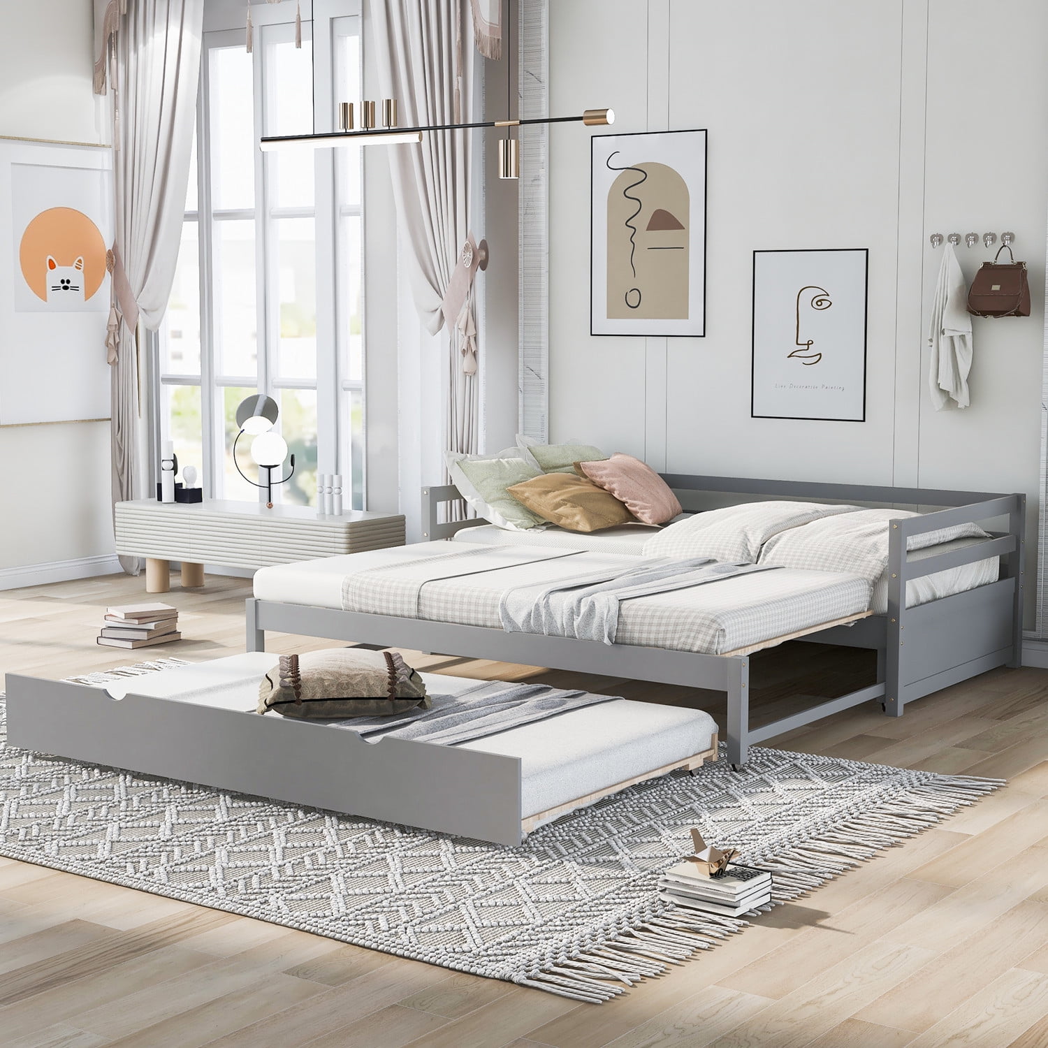 Extendable Daybed with Trundle, Twin or Double Twin Daybed for Bedroom ...