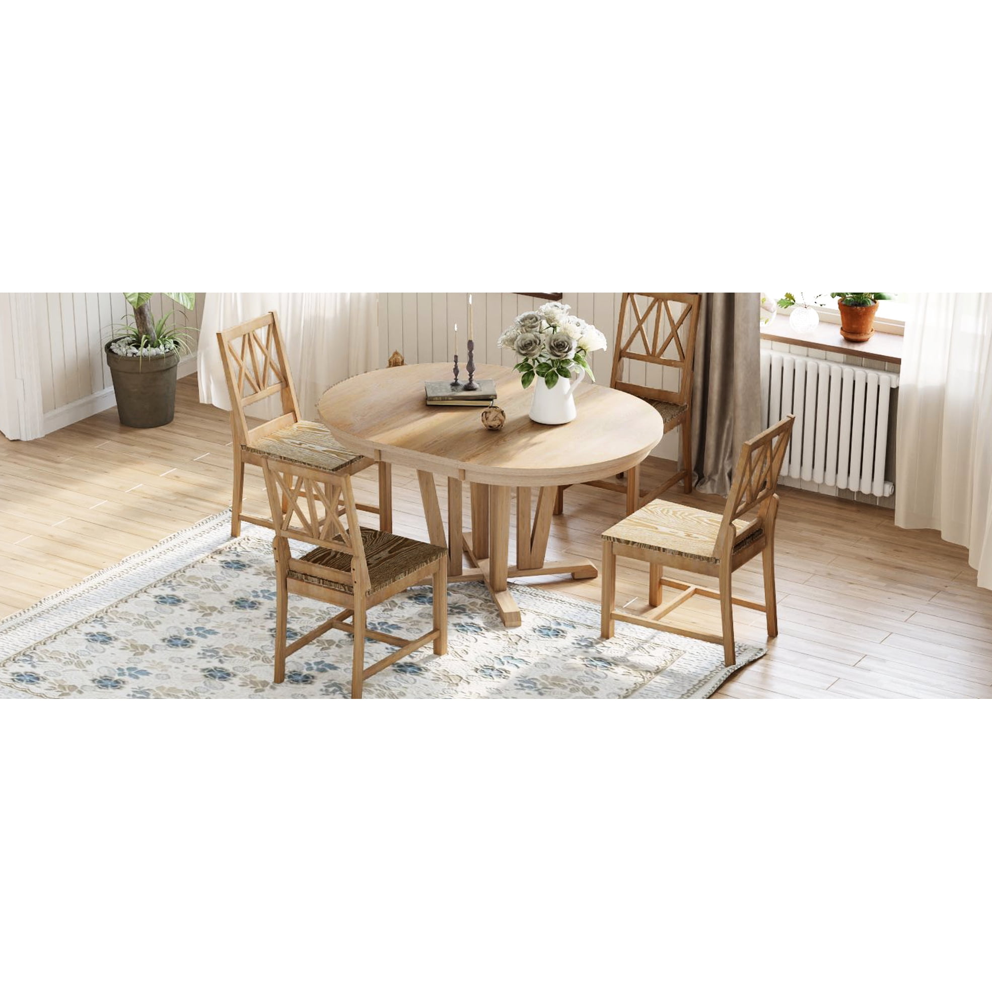 Extendable Dining Table And 4 Ergonomic Chair , Natural Wood ...
