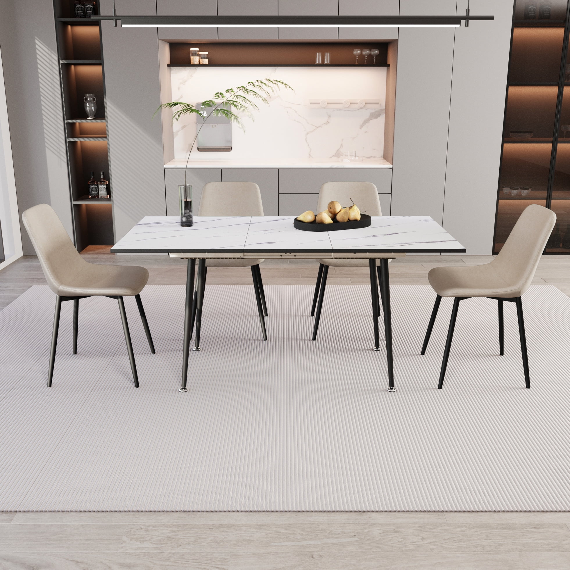 Extendable Dining Table And Chair , 47"-63" Table, Beige Linen Chairs ...