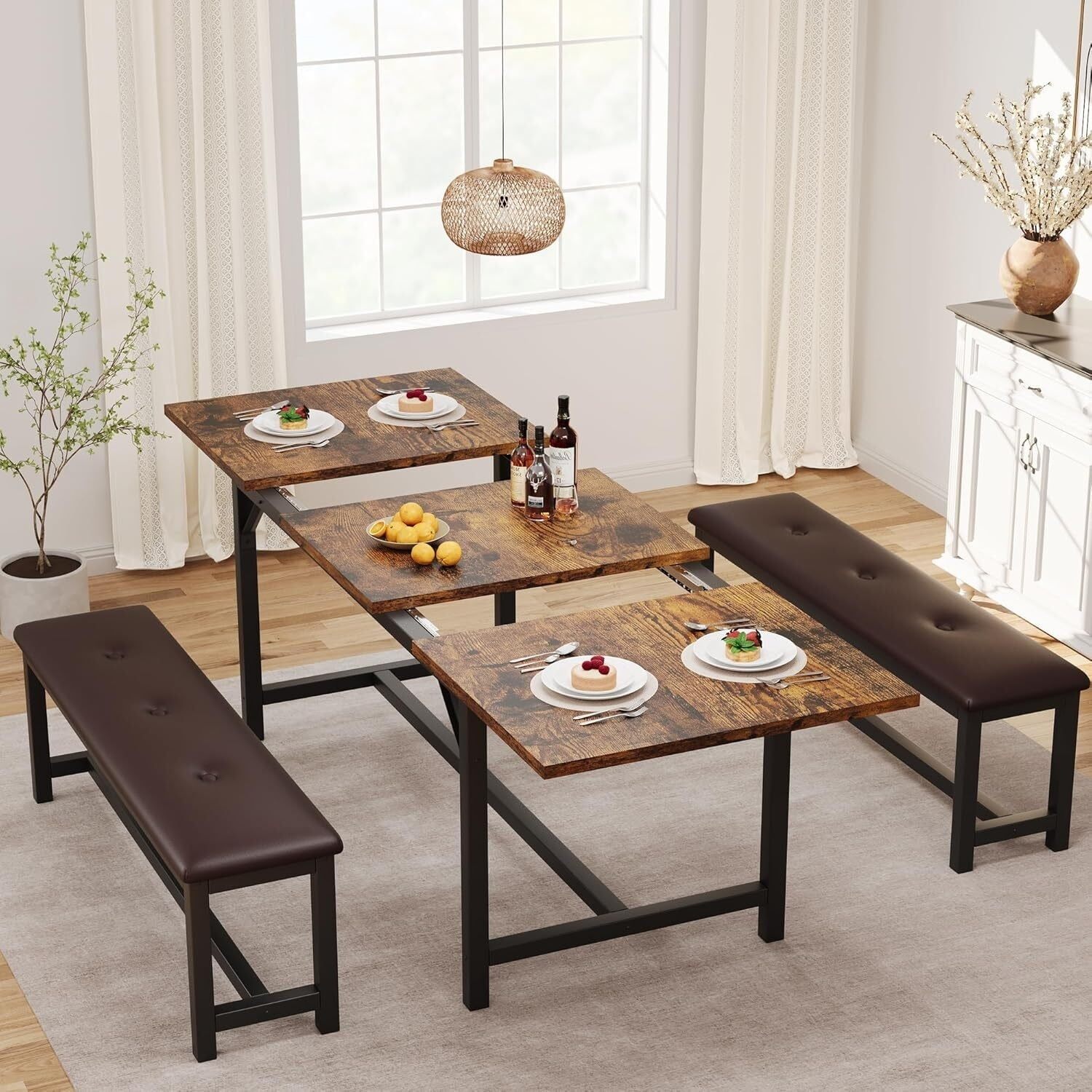 Extendable Dining Table Set with 2 Upholstered Benches - Walmart.com