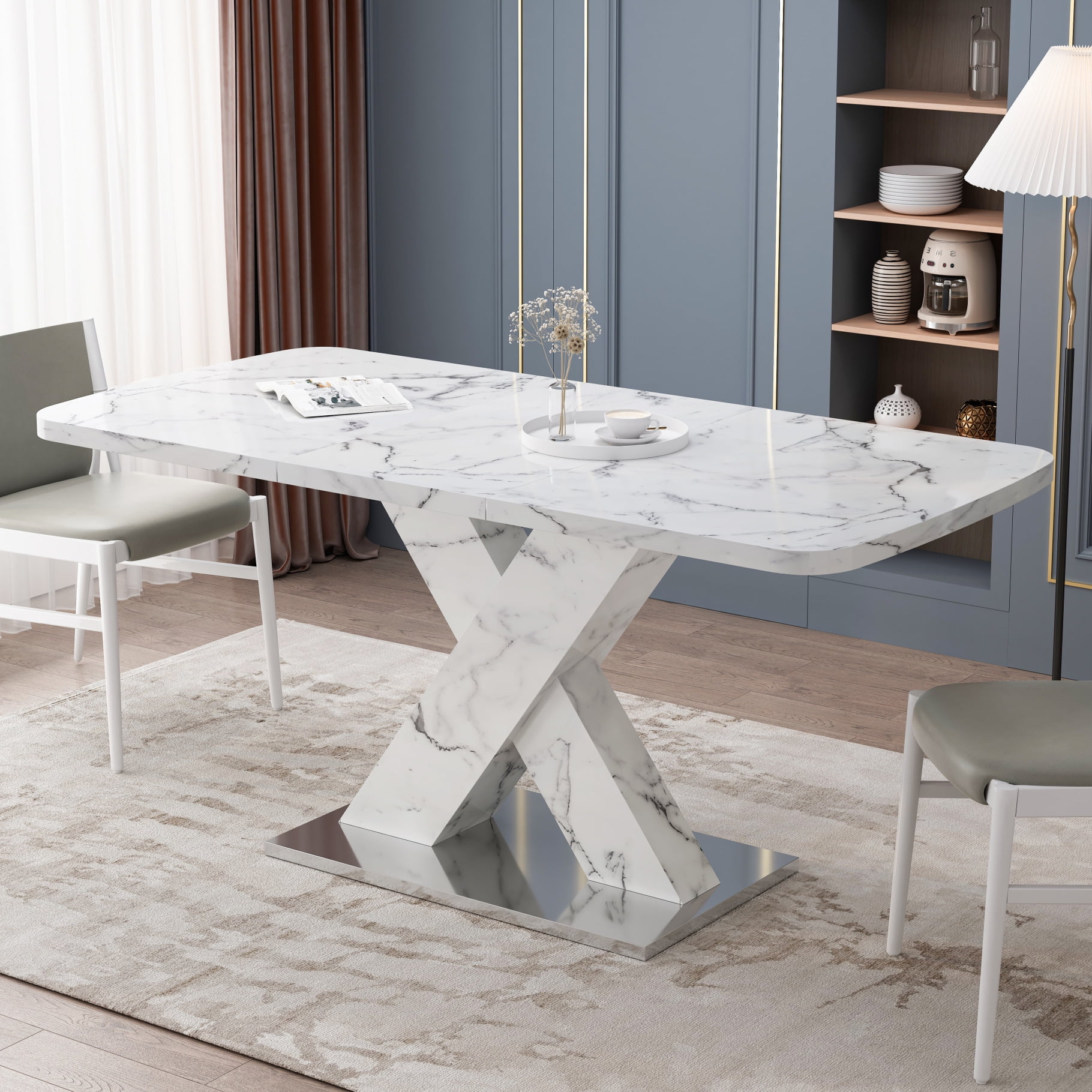 Modern Large Rectangular Extendable Marble Dining Table with X-Shape ...
