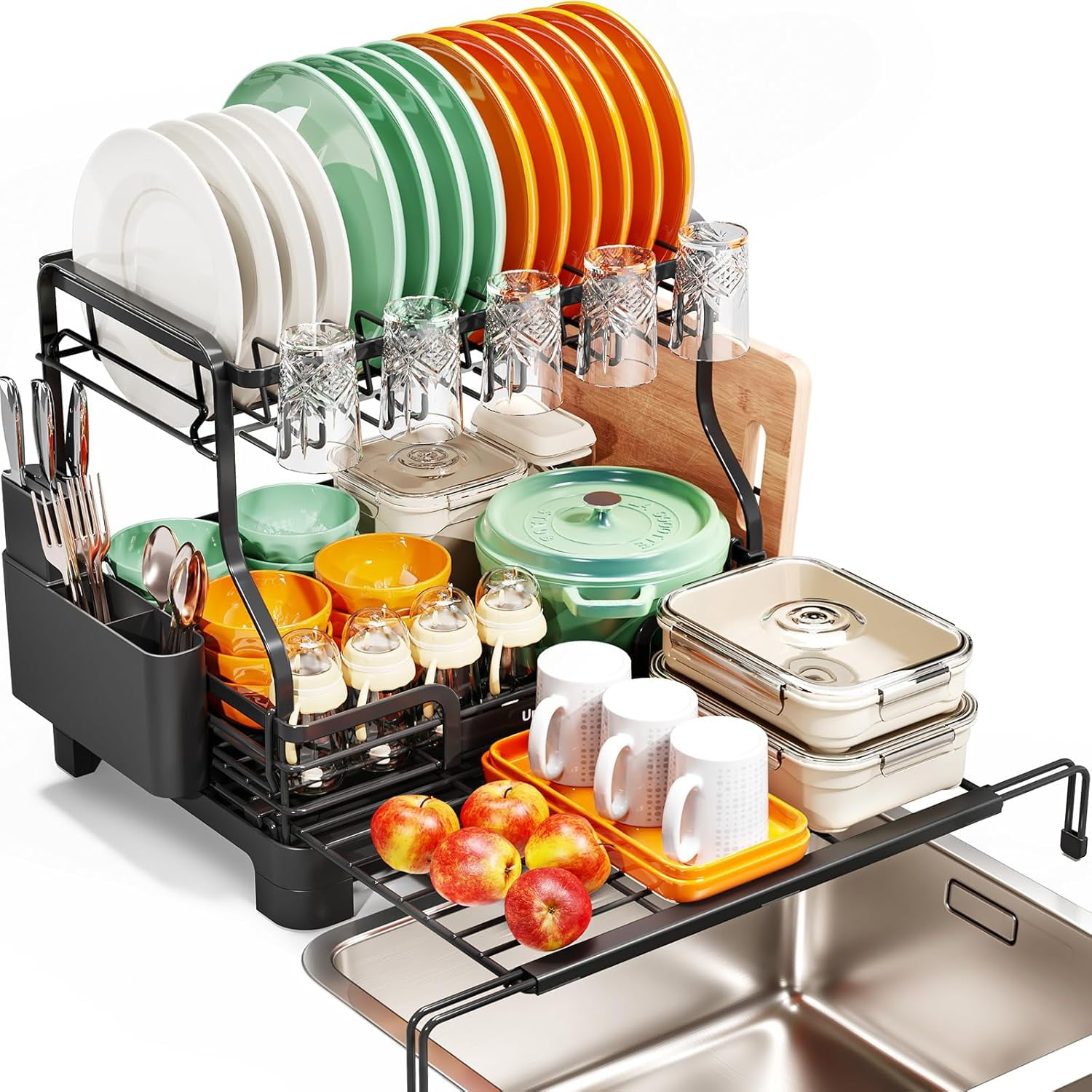 Extendable Dish Drying Rack, 2-Tier Dish Rack for Kitchen Counter, Large Expandable Dish Drainer ...