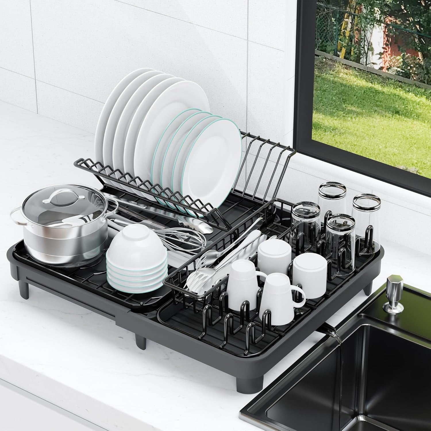 Extendable Dish Rack, Large Dish Drying Rack with Drainboard,Cup Holder ...