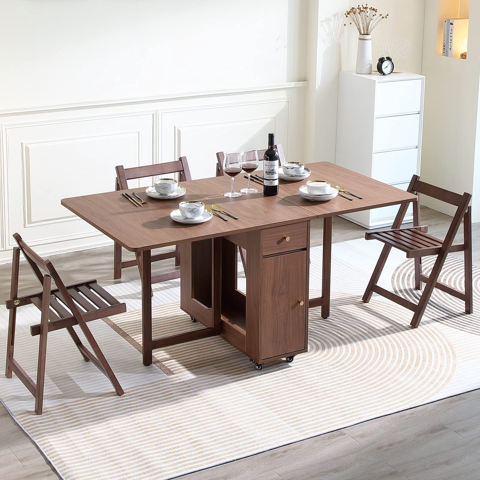 Extendable Drop Leaf Foldable Dining Table with 2 Drawers and 4 Wheels ...