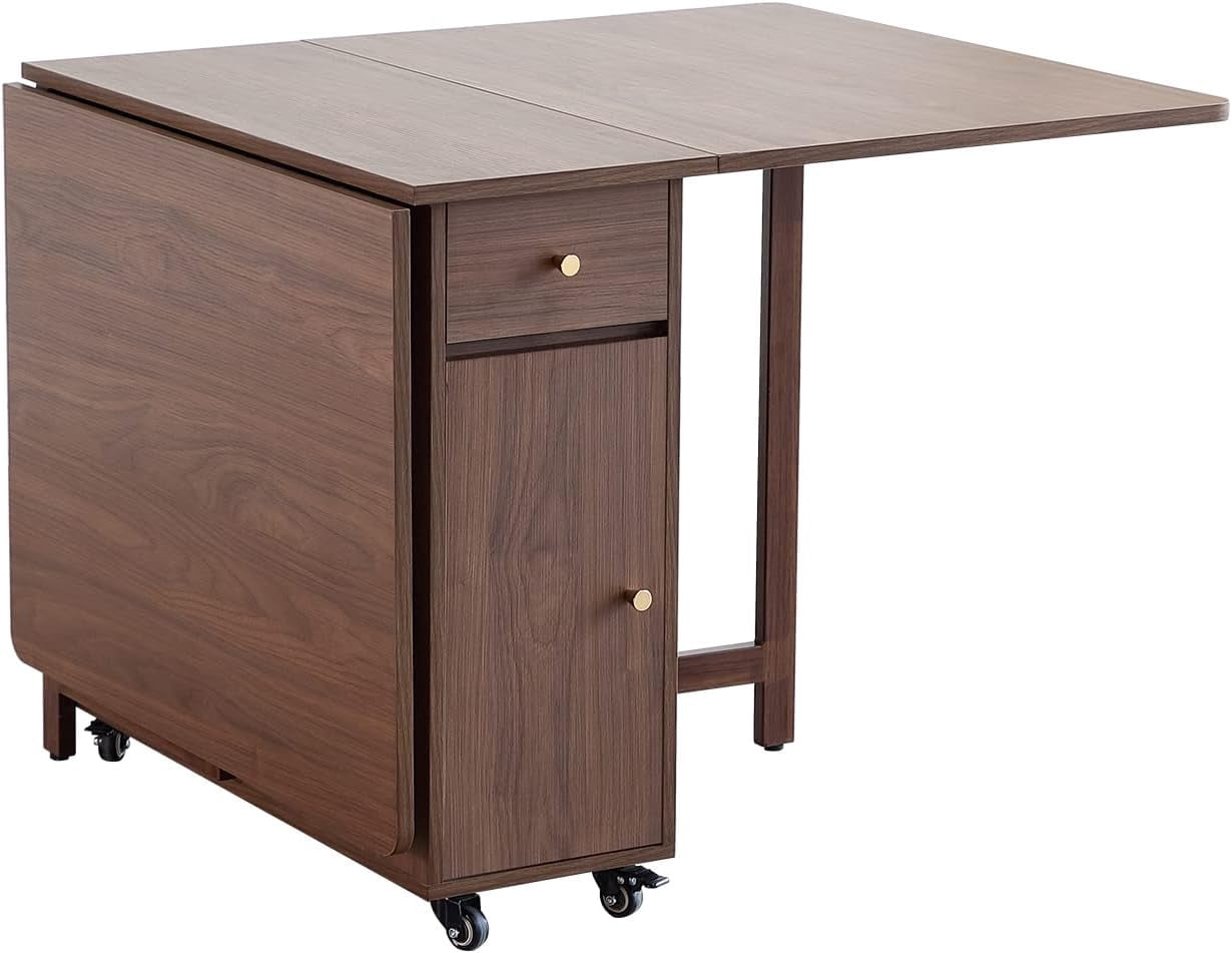 Extendable Drop Leaf Foldable Dining Table with 2 Drawers and 4 Wheels ...