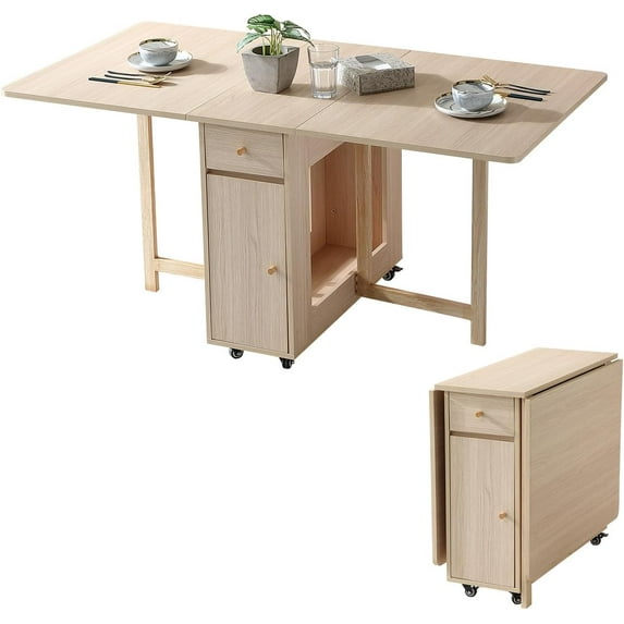 Extendable Drop Leaf Foldable Dining Table with Drawers and Wheels for ...