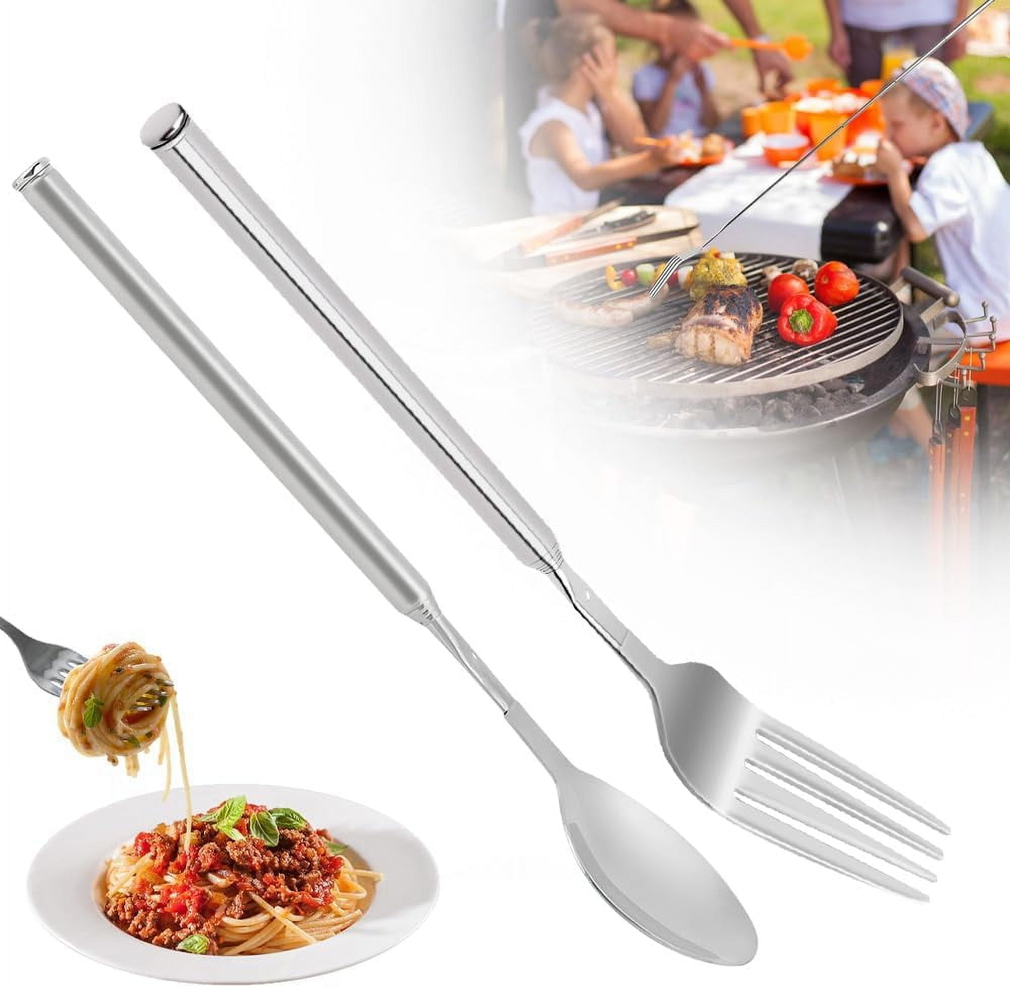 Extendable Fork Spoon, Stainless Steel Telescopic Fork and Spoon Set ...