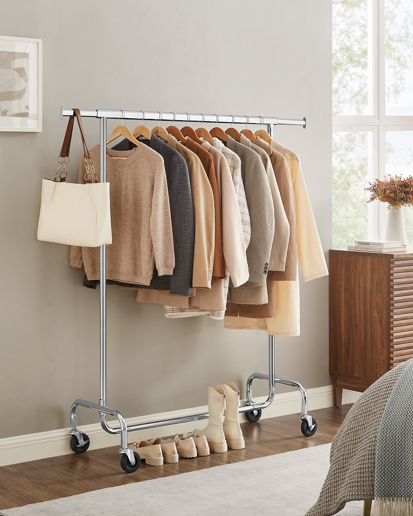 Extendable Hanging Rod Clothes Rack with Wheels Heavy-Duty Garment Rack ...