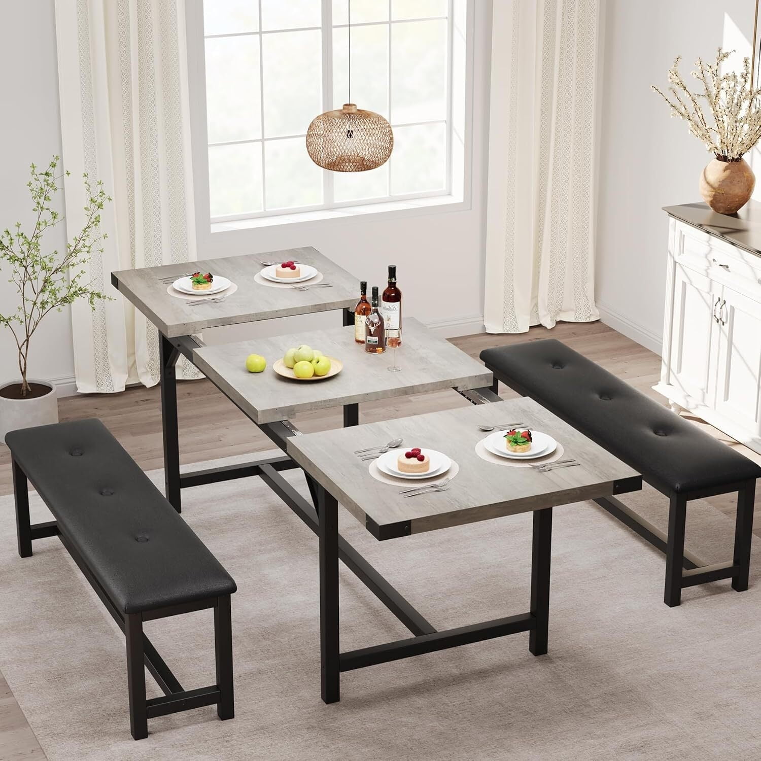 Extendable Kitchen Dining Table Set with 2 Upholstered Benches ...