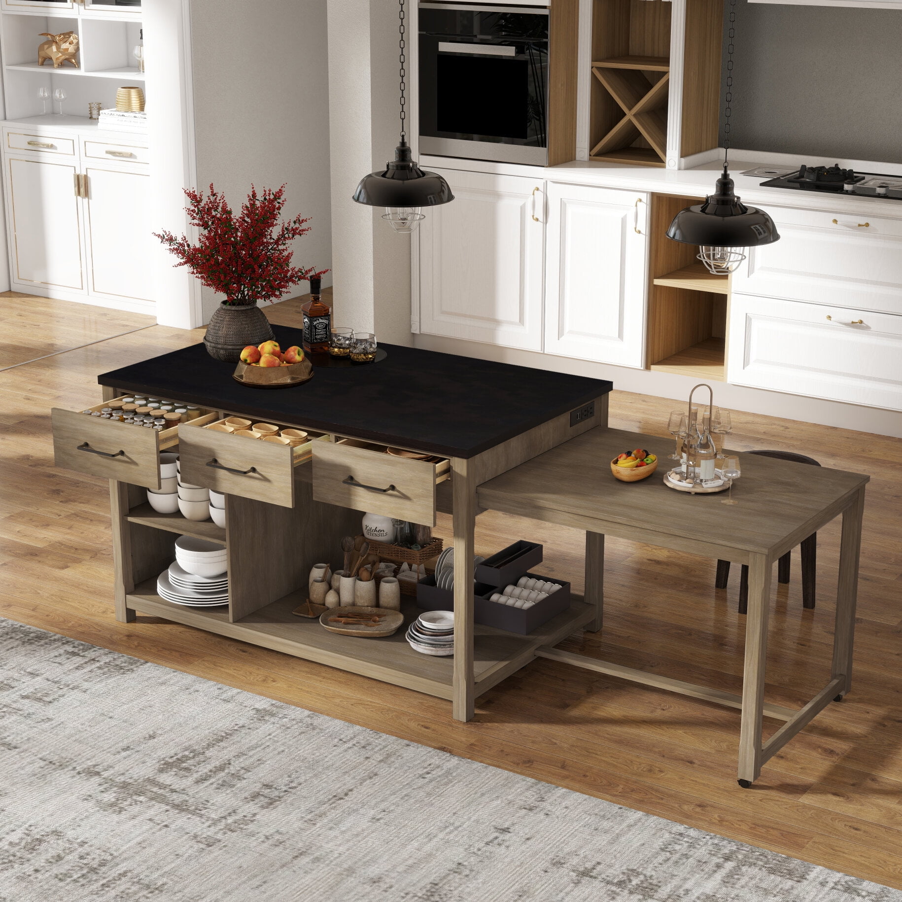 Extendable Kitchen Island with Storage & Built-In Power Outlets, Mobile ...