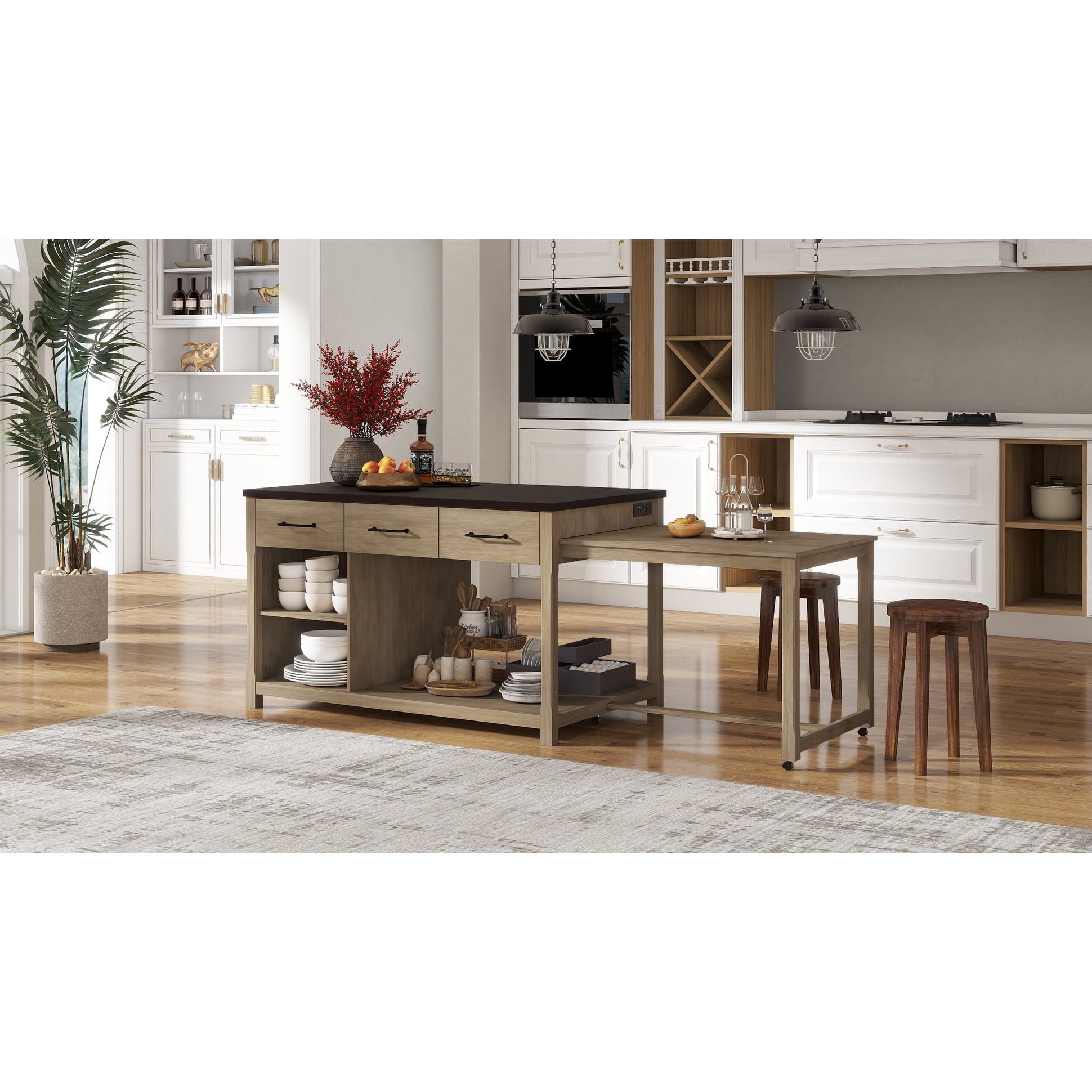 Extendable Kitchen Island With Drawers & Shelves, Built-in Power ...