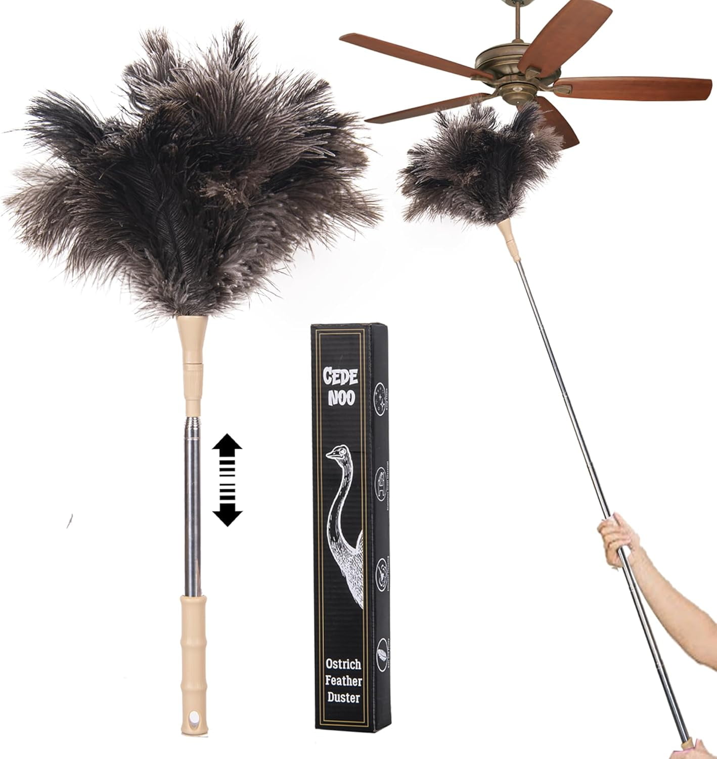 Extendable Ostrich Feather Duster, 50 inches Natural Fluffy Long Handle ...