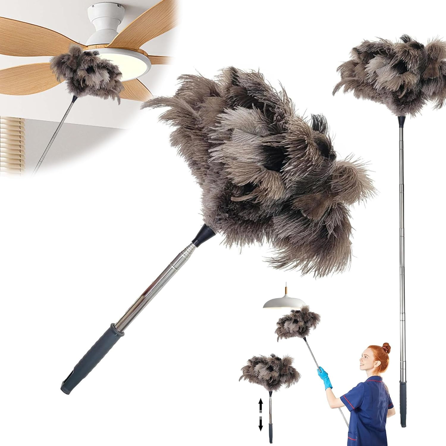 Extendable Ostrich Feather Duster, Feather Duster Pole up to 75 Inch ...
