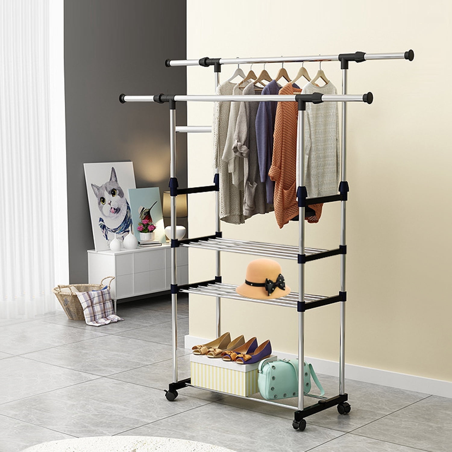 Extendable Rolling Clothing Organizer Double Rods 3 Layers Garment Rack ...