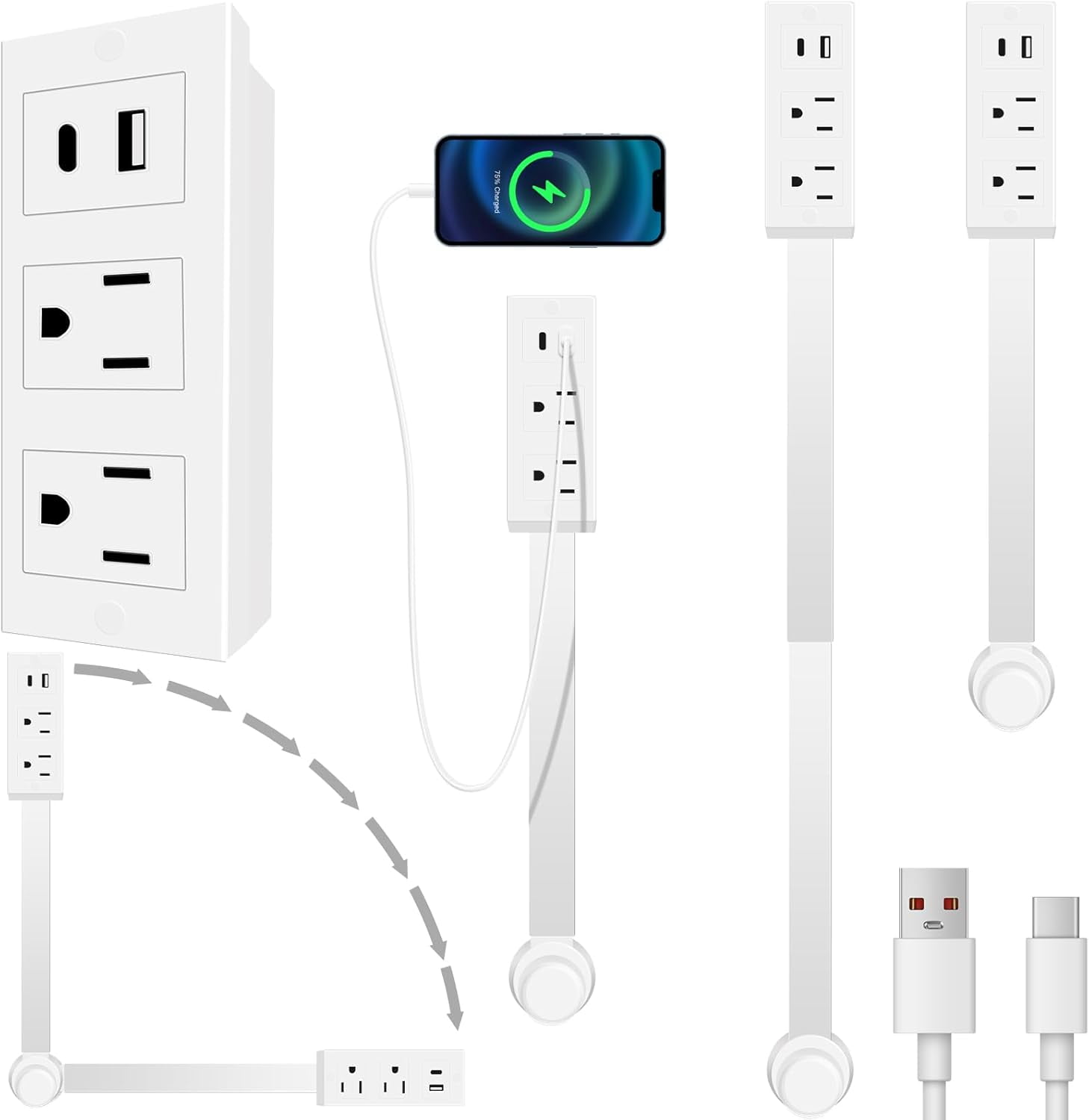 Extendable Rotating Outlet Stick USB-A, USB-C, and 2 Ac Power Strip ...