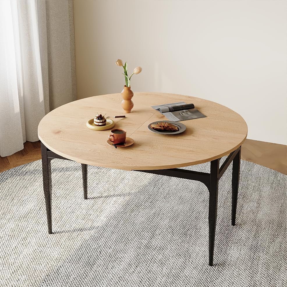 Extendable Round Dining Room Table, 55in Large Dining Table with Metal ...