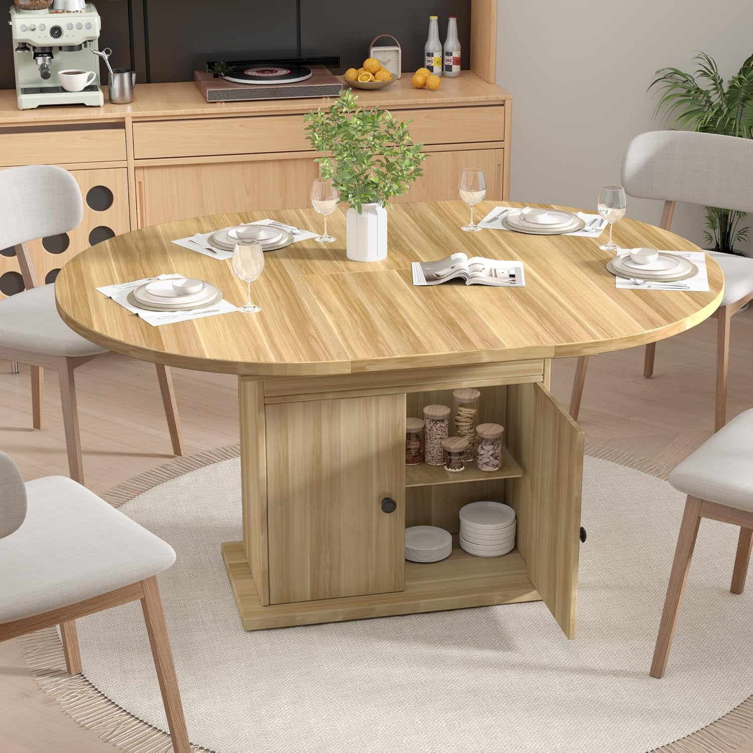Extendable Round Dining Table for 4-8, 43.3in-59in Expandable Dining ...
