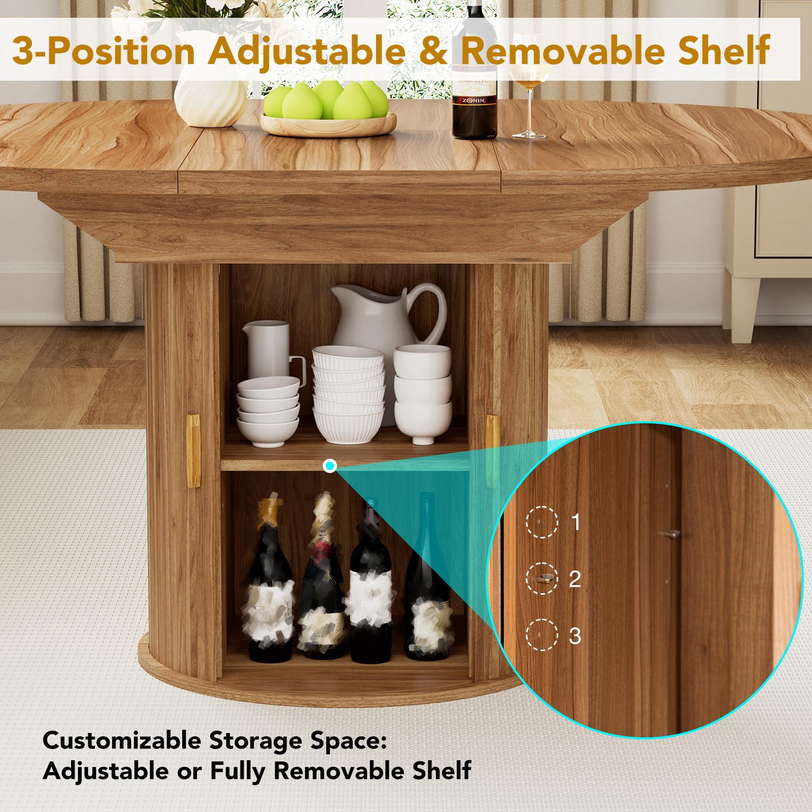 Extendable Round to Oval Dining Table with Integrated Hidden Storage ...