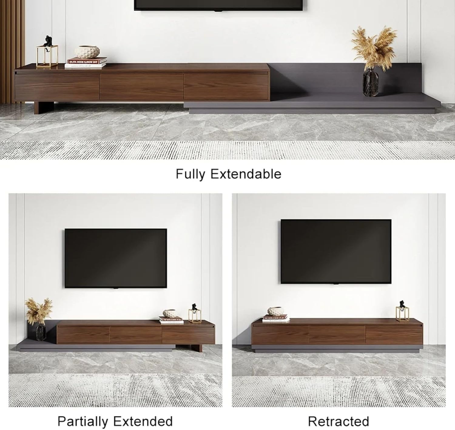 Extendable TV Stand Retractable Media Console with 3 Drawers - Modern ...