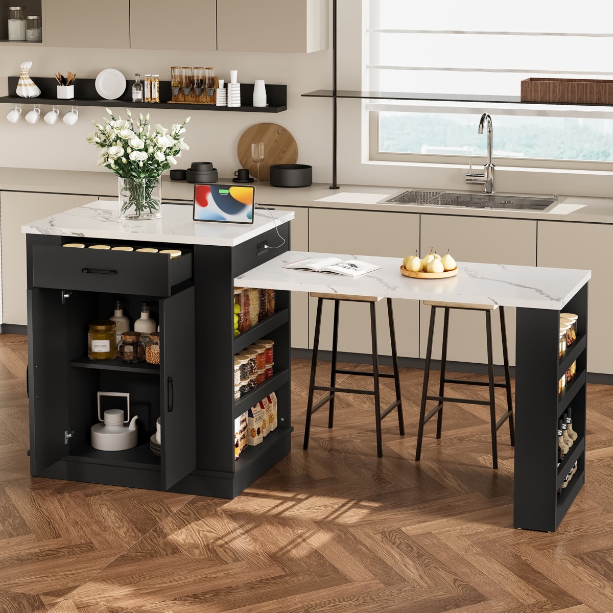 Extendable island console with drawers, double-door cabinet, and open ...