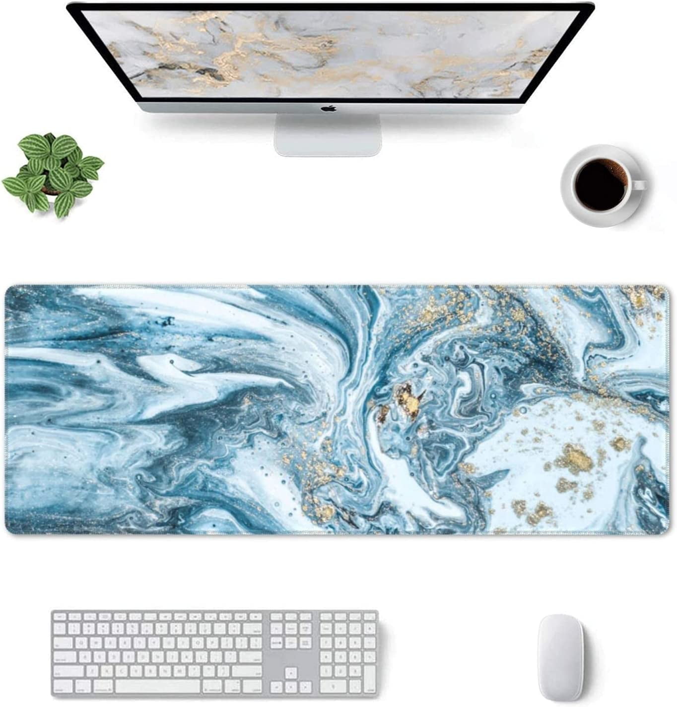 Extended Blue Gold Marble Gaming Mouse Pad XXL with Stitched Edges, Long Large Full Keyboard ...