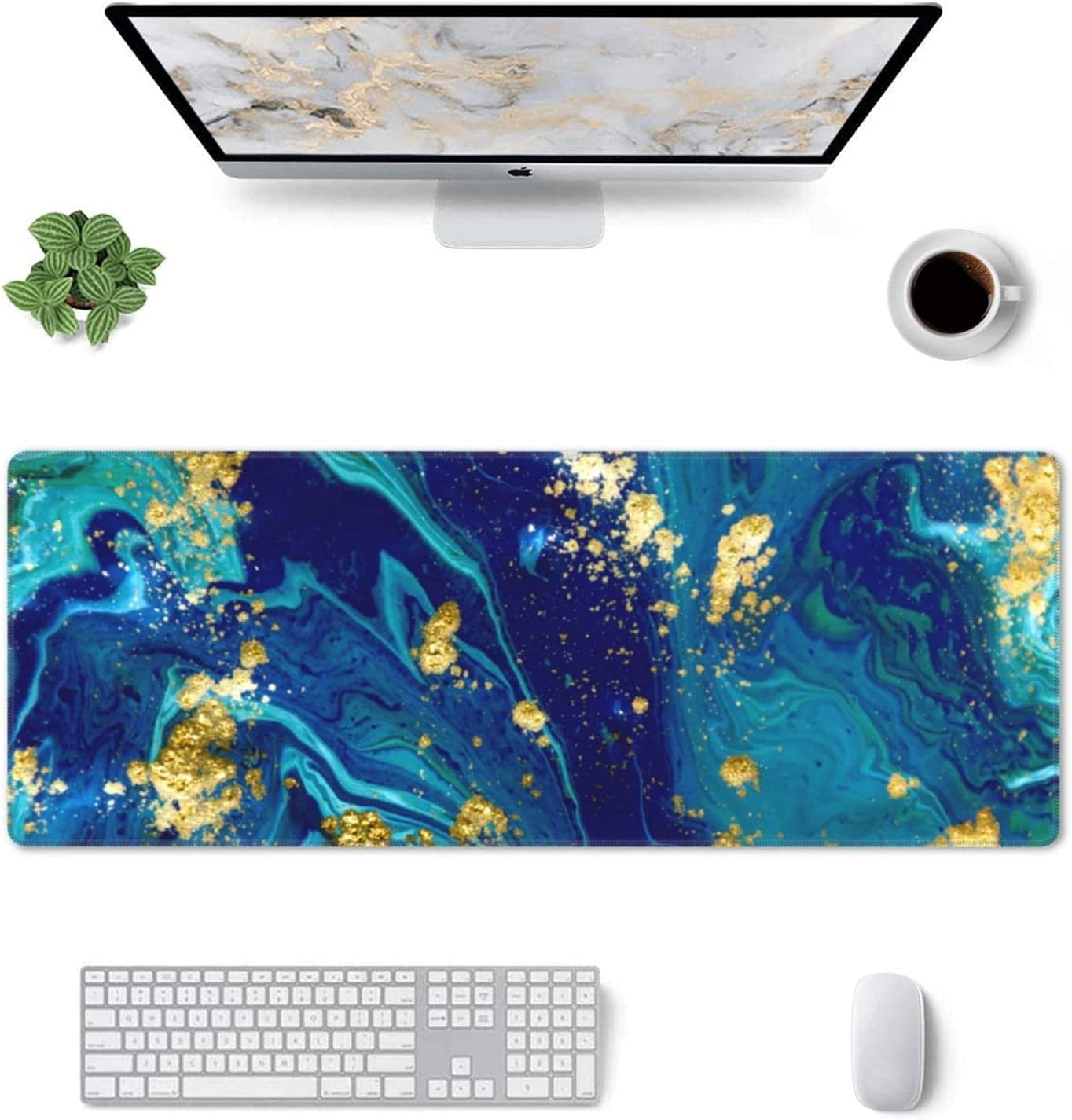 Extended Blue Gold Marble Gaming Mouse Pad XXL with Stitched Edges ...