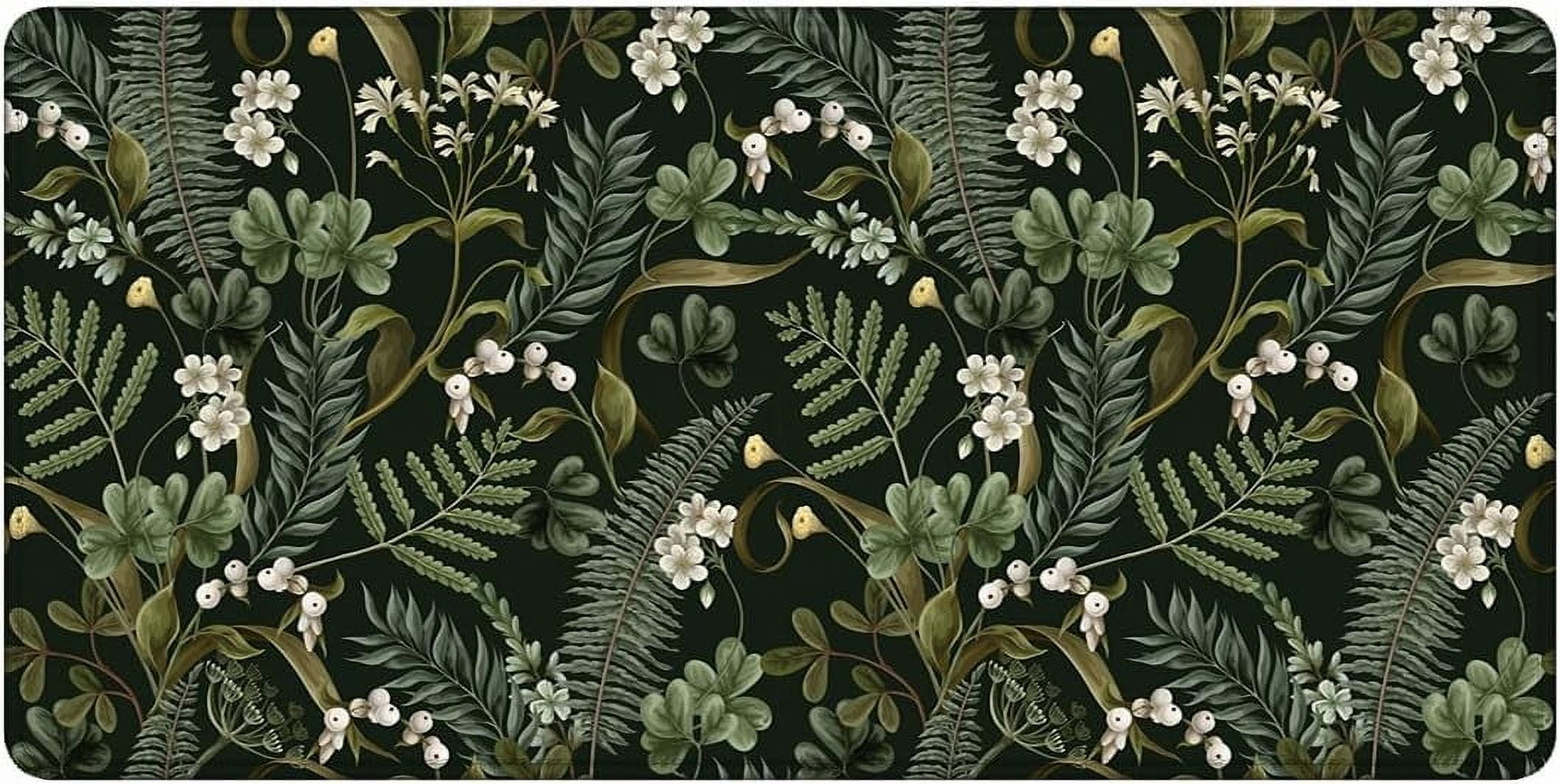 Extended Large Gaming Desk Mat, Green Fern and Leaves Floral Non-Slip ...