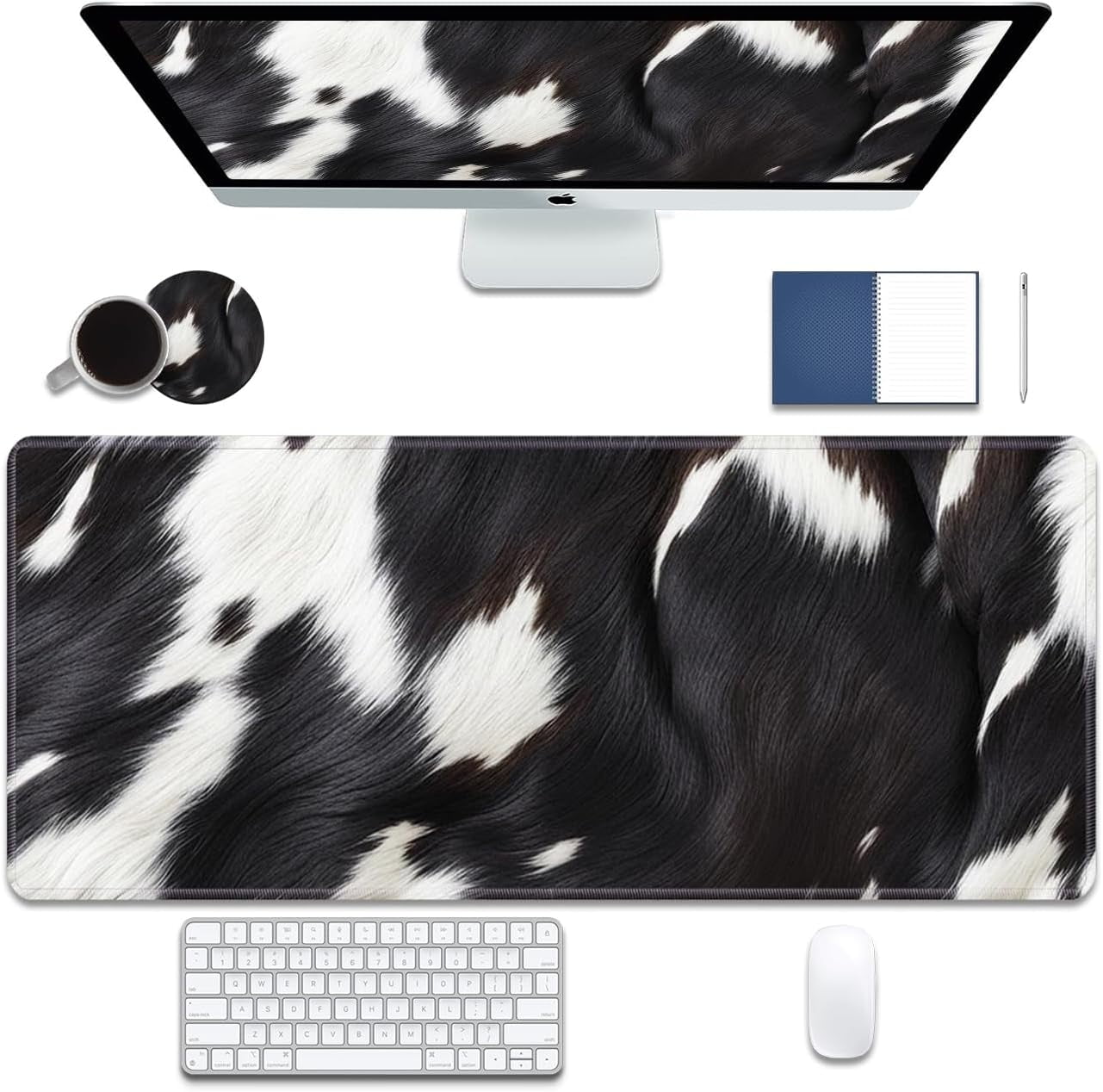 Extended Mouse Pad with Coasters, Black and White Cow Print XXL Large ...