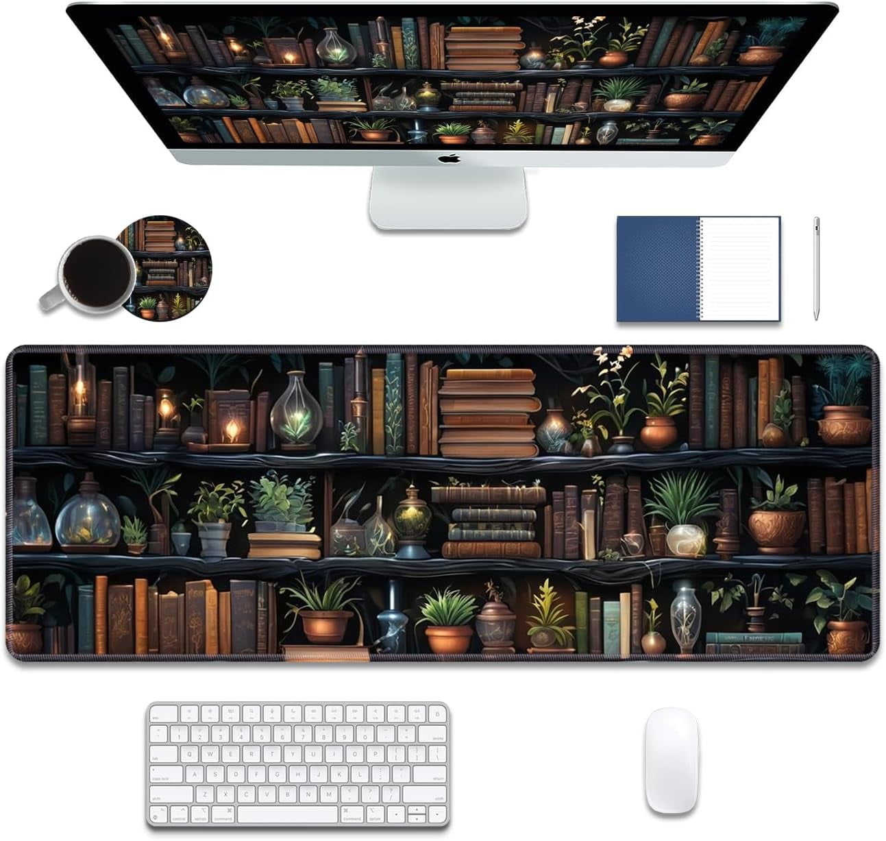 Extended Mouse Pad with Coasters, Bookshelf Pot Plant XL Large Gaming ...