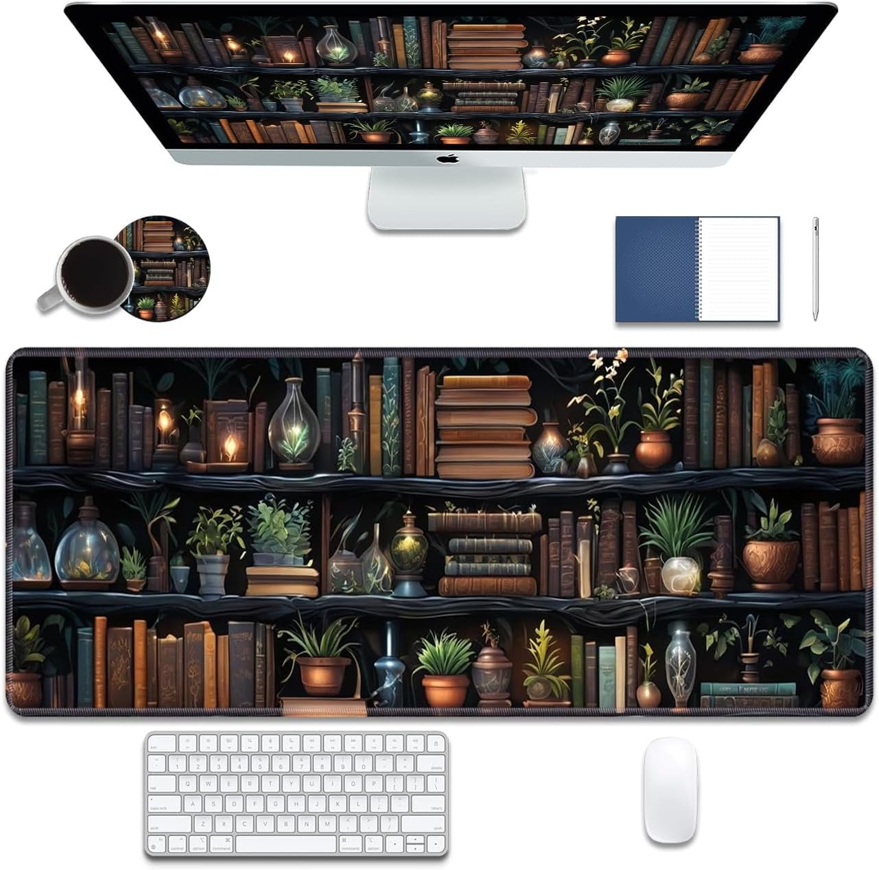 Extended Mouse Pad with Coasters, Bookshelf Pot Plant XXL Large Gaming ...