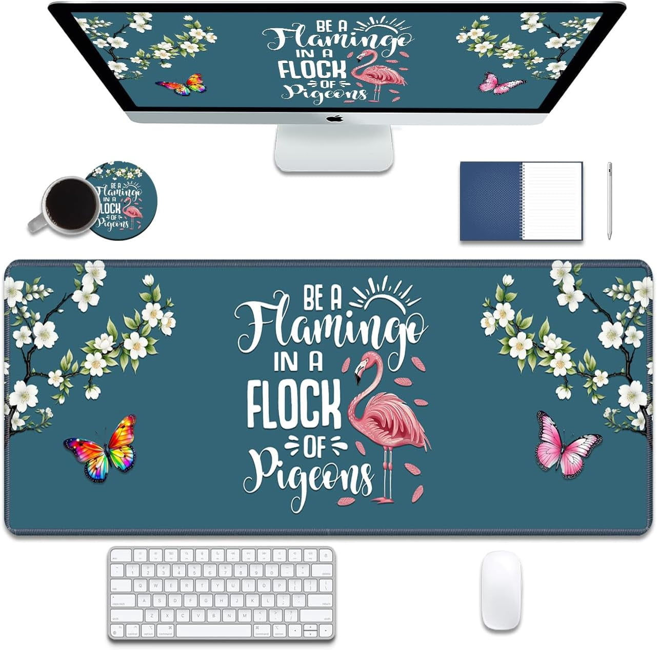Extended Mouse Pad with Coasters, Be a Flamingo in a Flock Pigeons ...