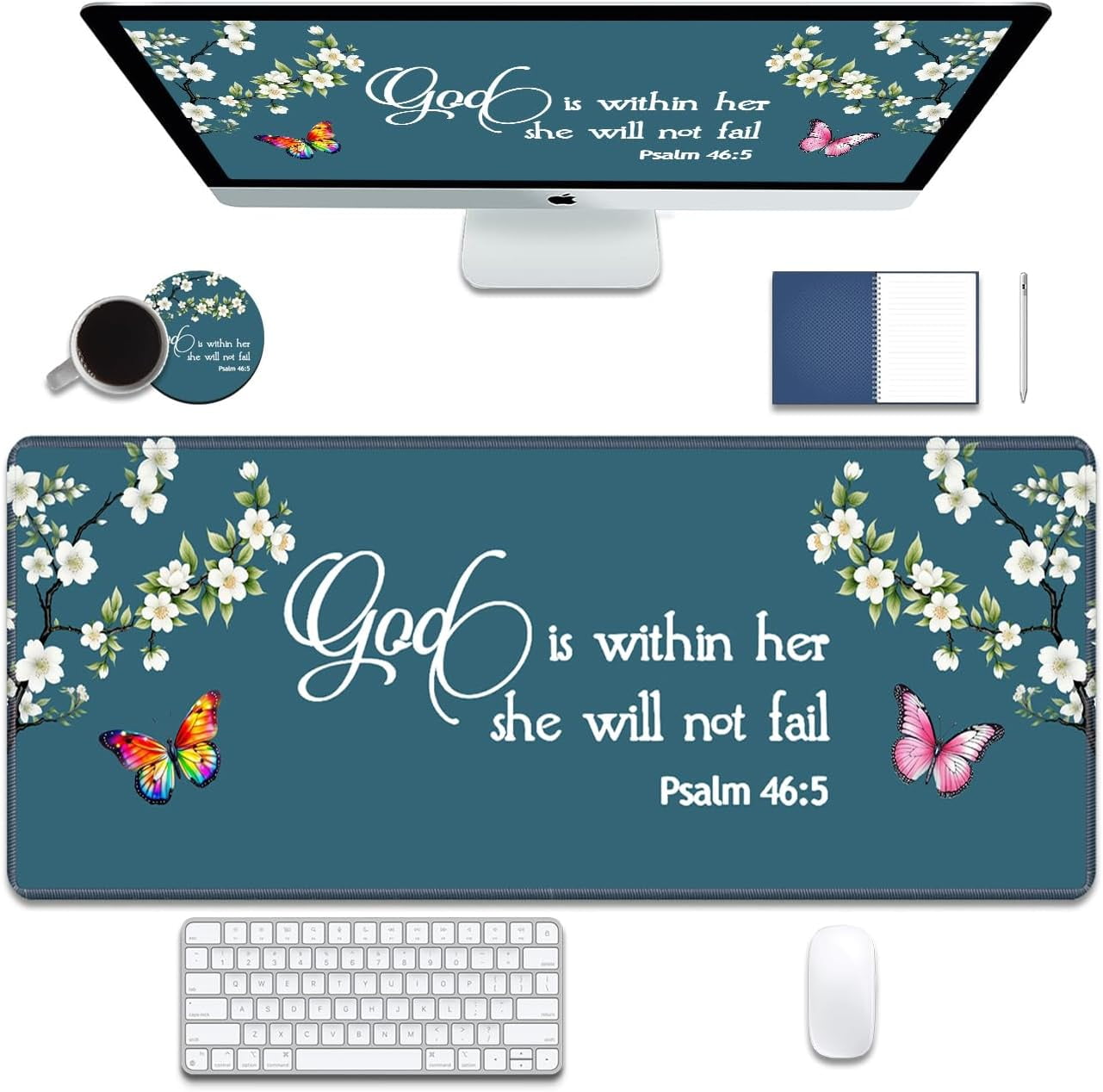Extended Mouse Pad with Coasters, Floral Quote Bible Verse Psalm 46:5 ...