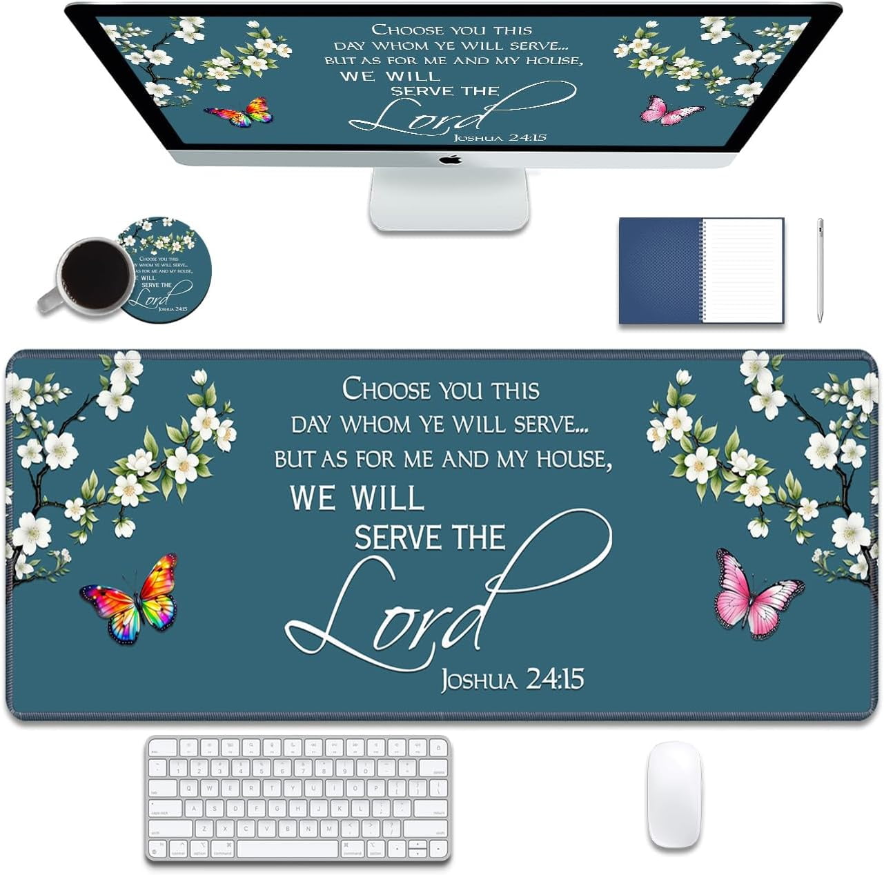 Extended Mouse Pad with Coasters, Floral Quotes Bible Verse Joshua 24: ...