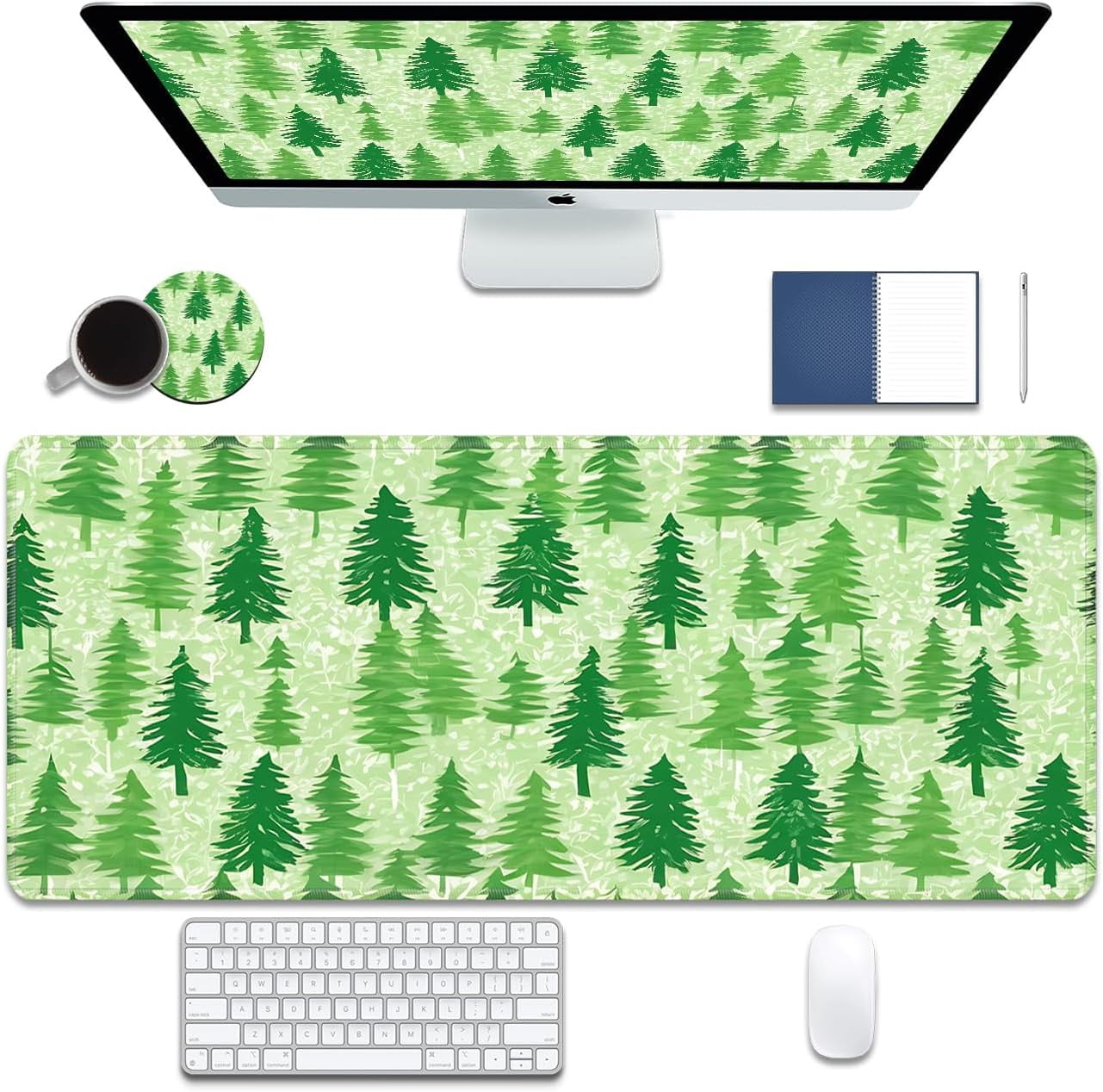 Extended Mouse Pad with Coasters, Green Forest Tree XXL Large Gaming ...