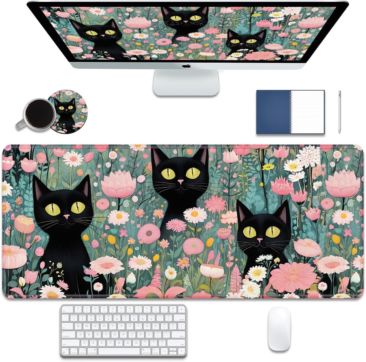 Extended Mouse Pad with Coasters, Kawaii Black Cats Flower XXL Large ...