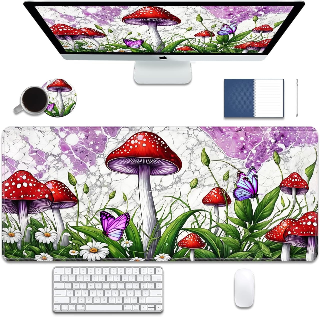 Extended Mouse Pad with Coasters, Mushroom Butterfly XXL Large Gaming ...