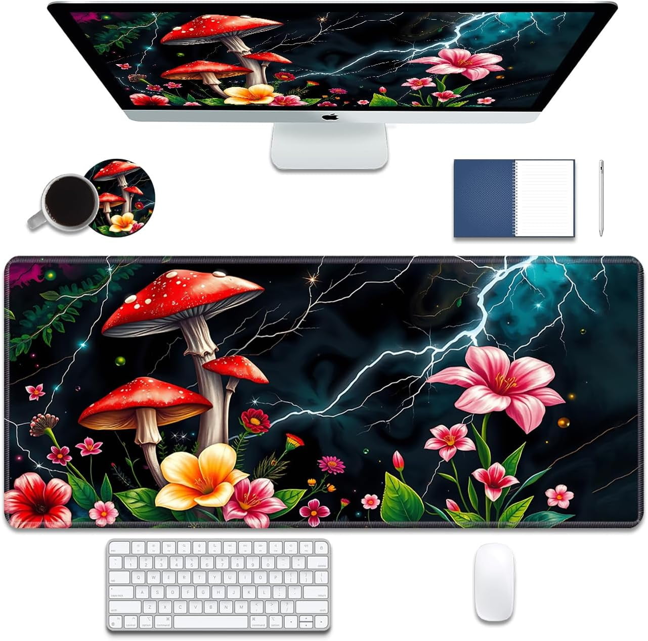 Extended Mouse Pad with Coasters, Mushroom Flower XXL Large Gaming ...