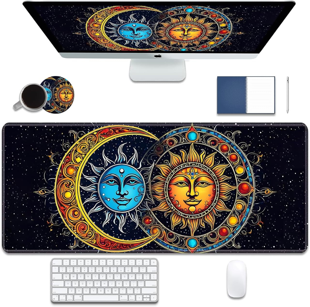 Extended Mouse Pad with Coasters, Mystical Celestial Theme Sun with ...